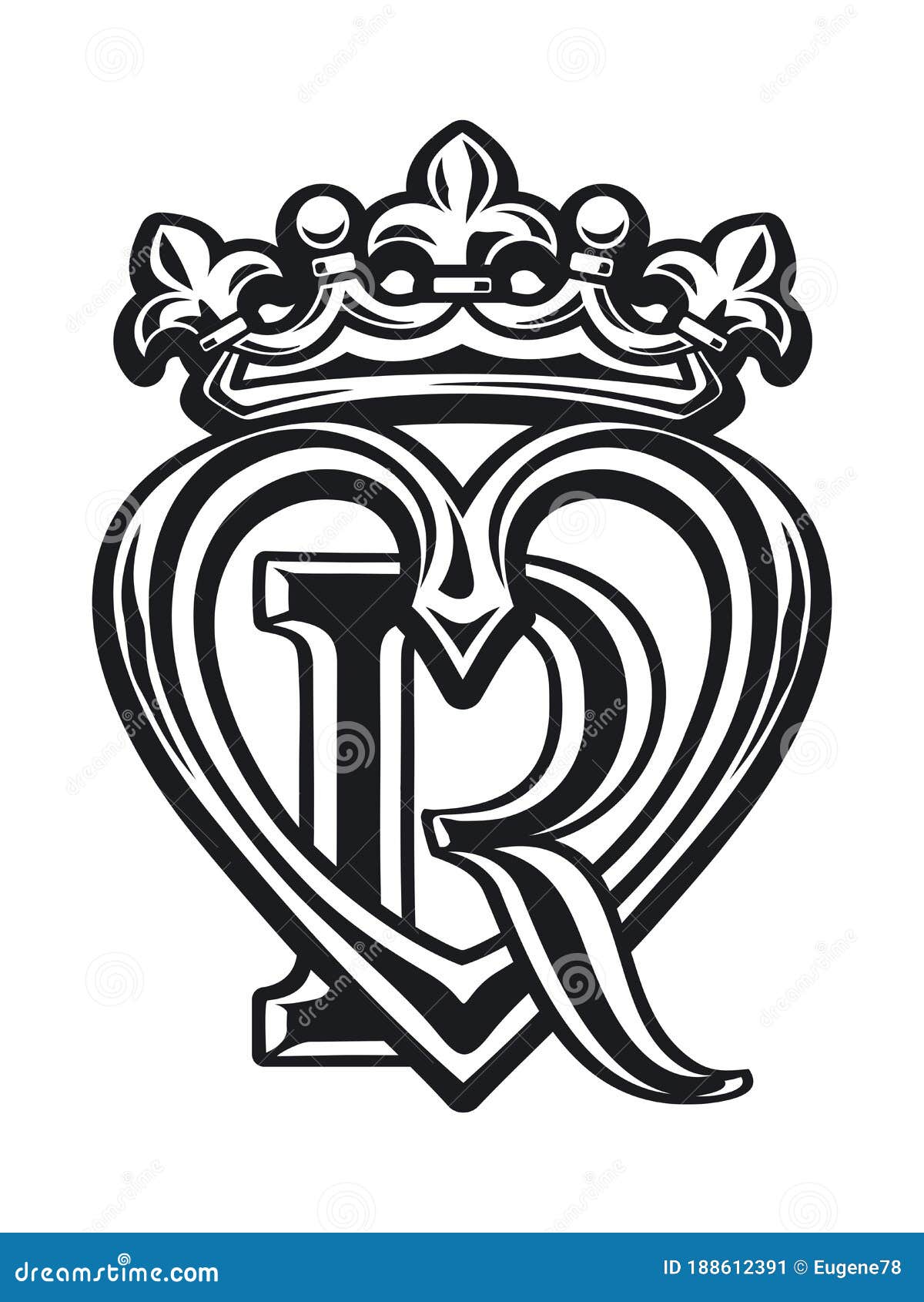 Monogram of Letter R with Heart and Crown Stock Vector - Illustration ...