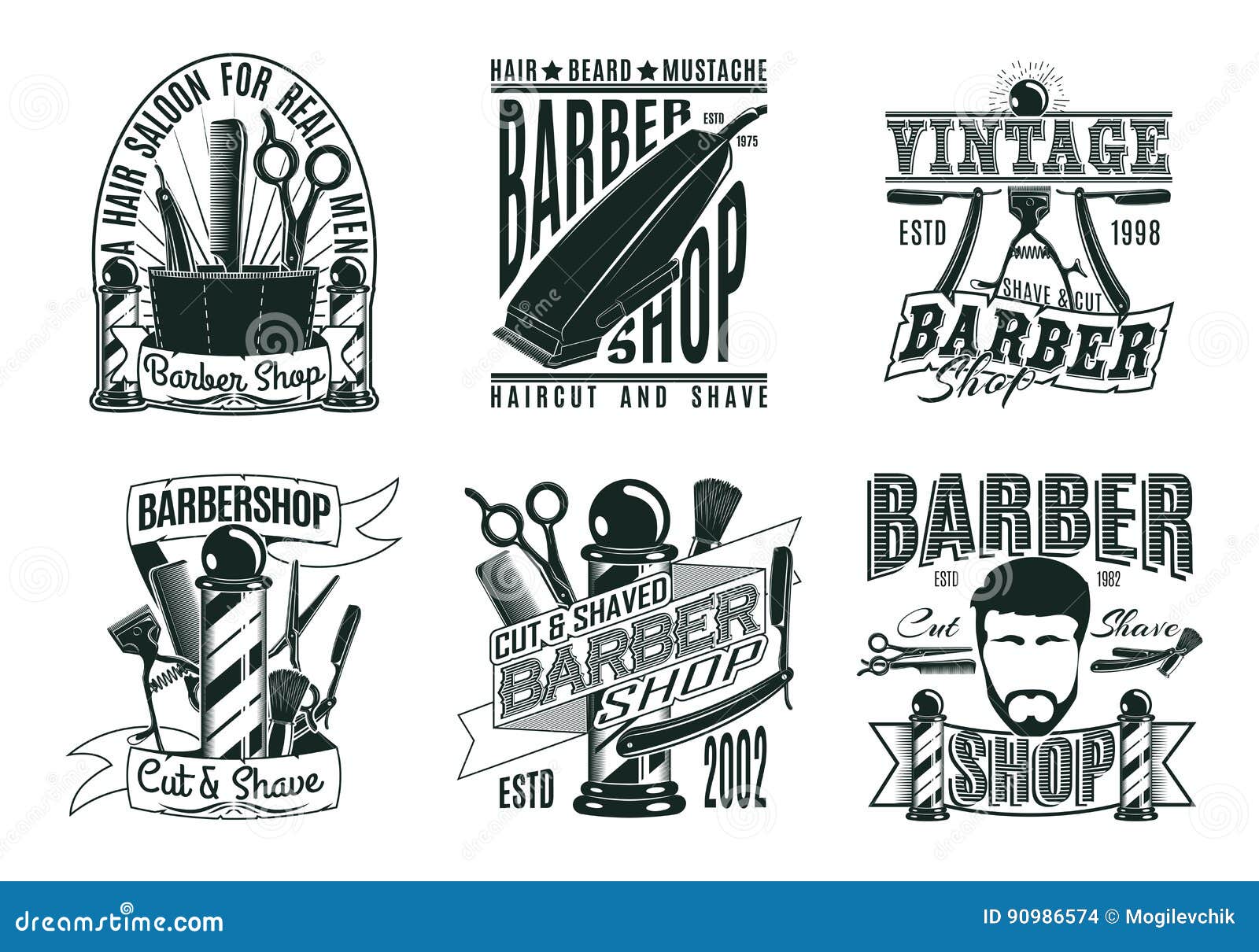 Monokrom Tappning Barber Shop Logos Set Vektor Illustrationer ...