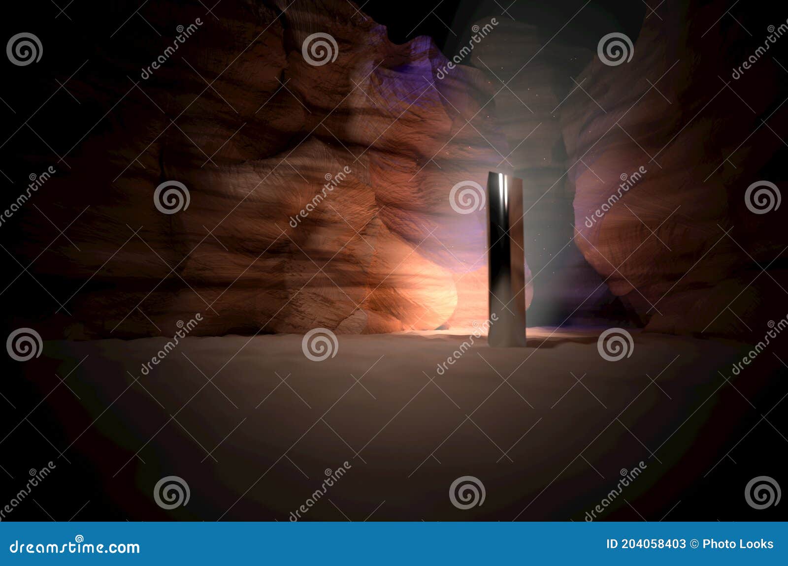 Monolith in Canyon with Beam of Light Breaking through - 3D Render ...