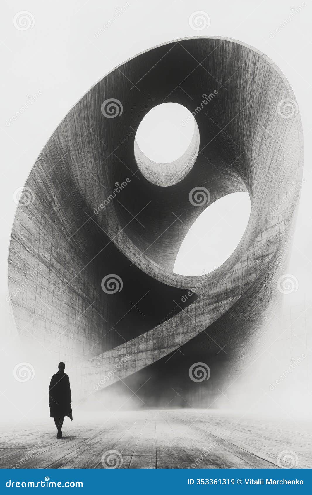 Monolithic Architectural Wonder with Person in Dramatic Foggy Setting ...