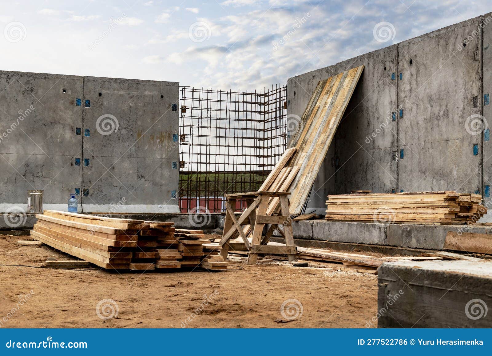 Monolithic Reinforced Concrete Work at the Construction Site. Boards ...