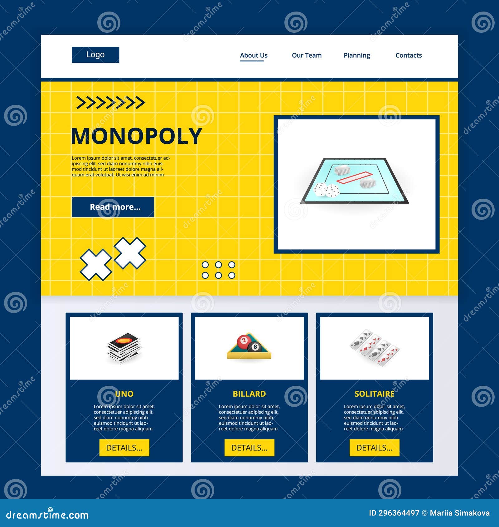 Monopoly Flat Landing Page Website Template. Uno, Billard, Solitaire ...