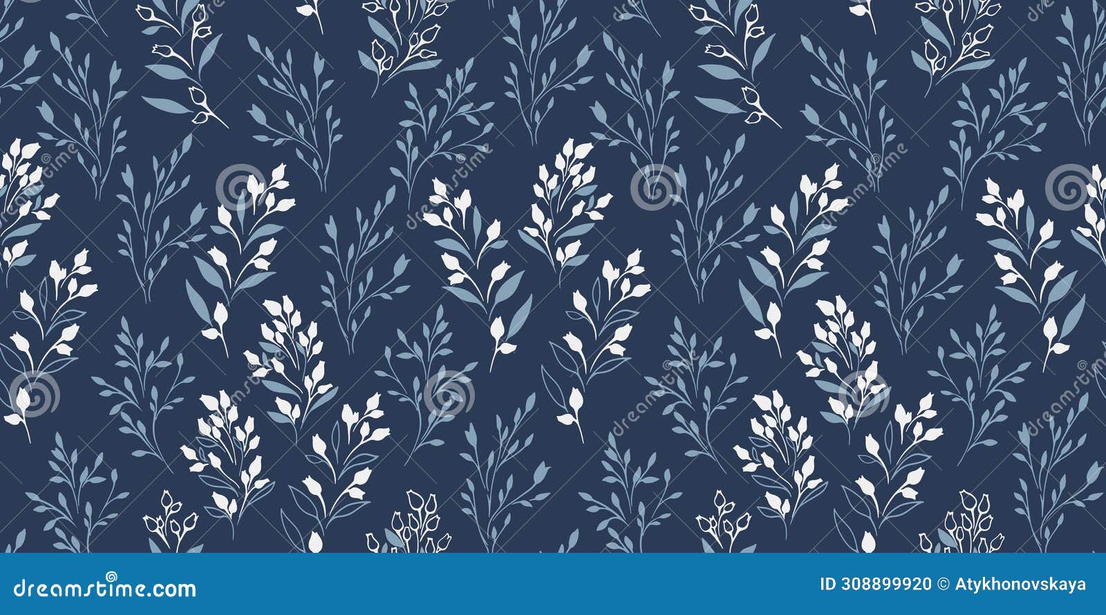 Monotone Blue Simple Seamless Pattern with Tiny Branches Leaves with ...