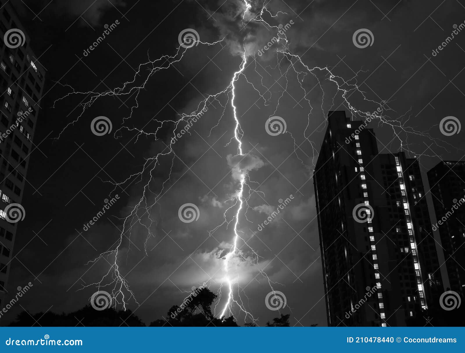 Monotone Colored Spectacular Real Lightning Strikes in the Night Sky ...