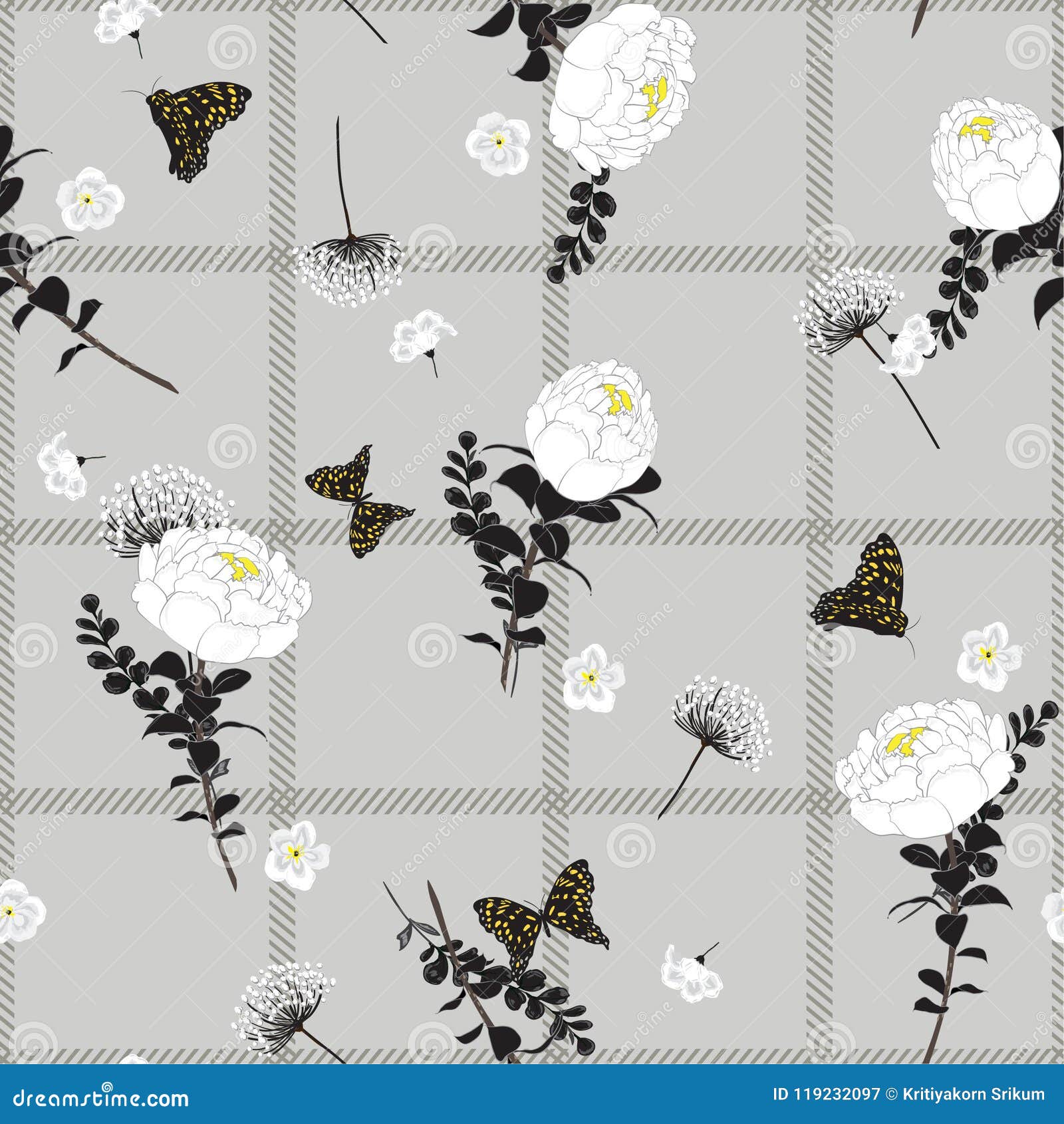 Monotone Grey Summer Seamless Pattern Spring Branch Delicate and Stock ...