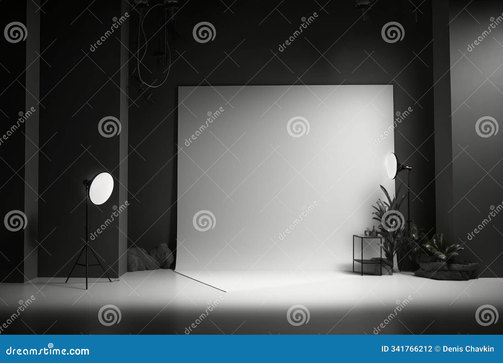 Monotone Photo Studio with Lighting and Equipment in Black Stock Photo ...