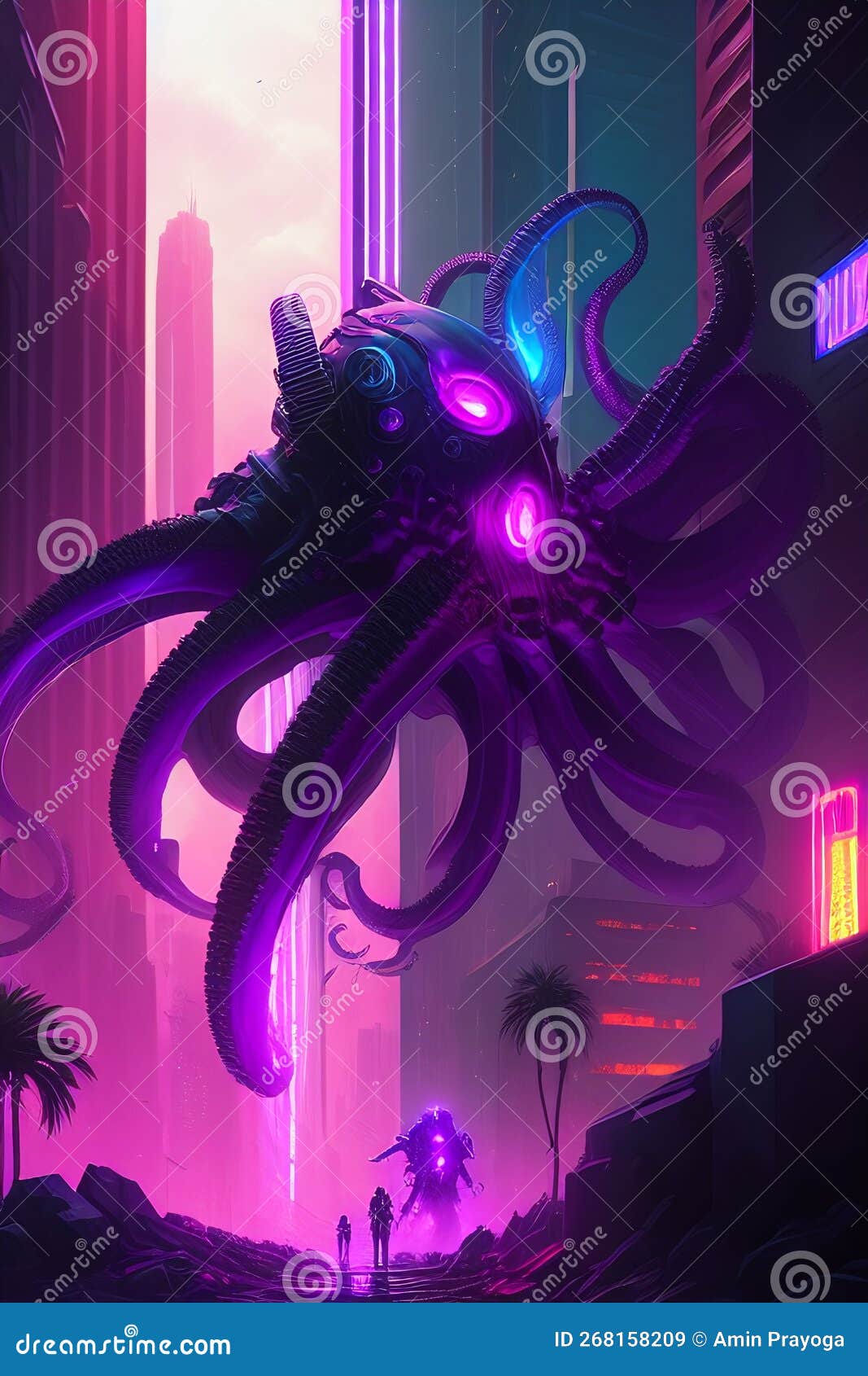 Monster Alien Attack Cyberpunk City Stock Illustration - Illustration ...