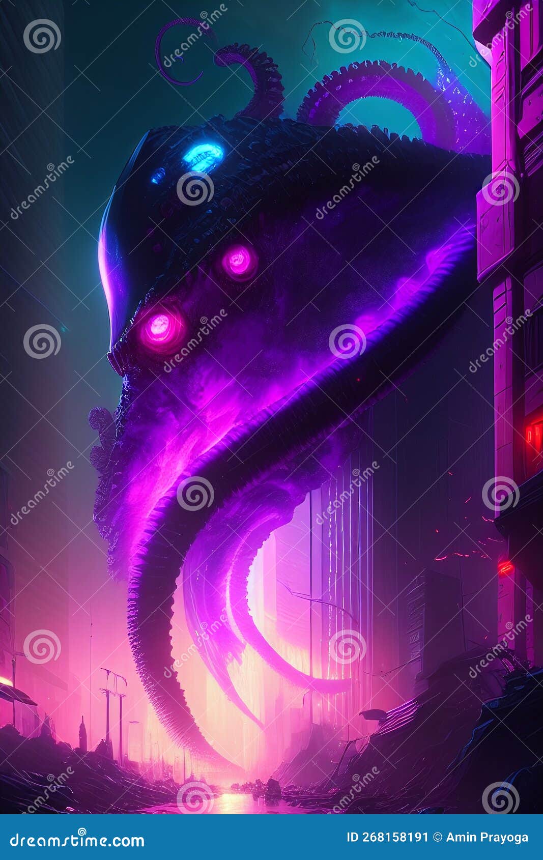 Monster Alien Attack Cyberpunk City Stock Illustration - Illustration ...