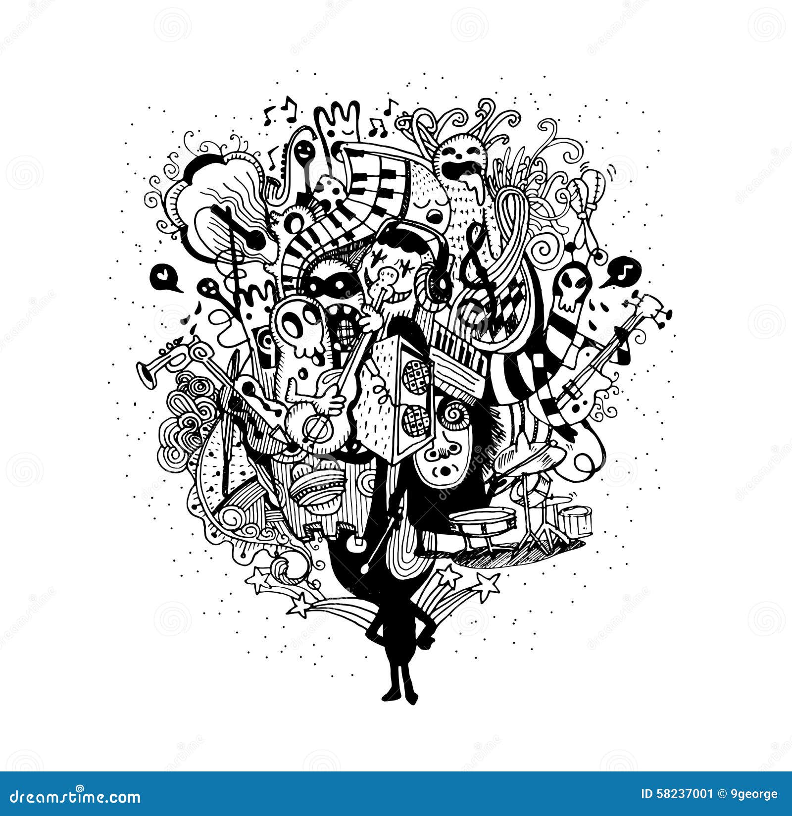 Monster Band Playing Music Hand Drawn Style Stock Vector - Illustration ...
