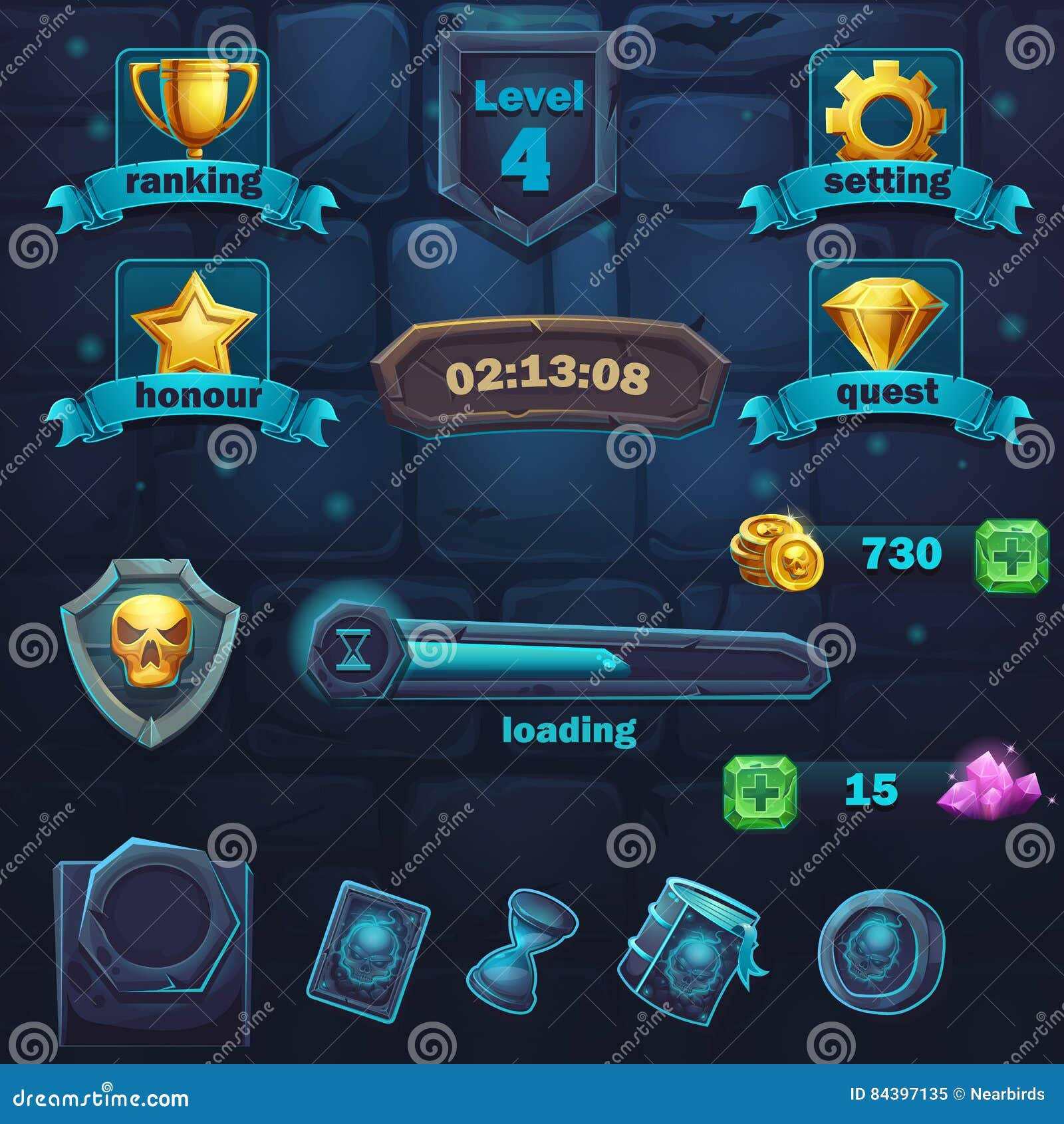 Monster Battle GUI Set Items Buttons and Icon Stock Vector ...