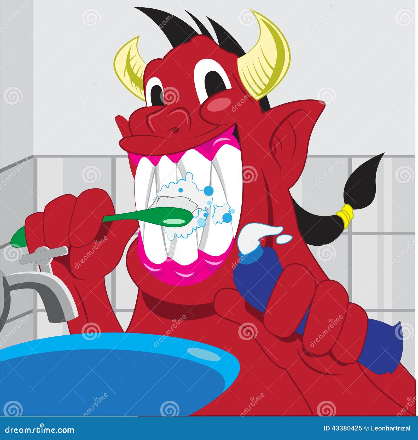 Monster Brushing Teeth Cartoon Vector | CartoonDealer.com #43380425