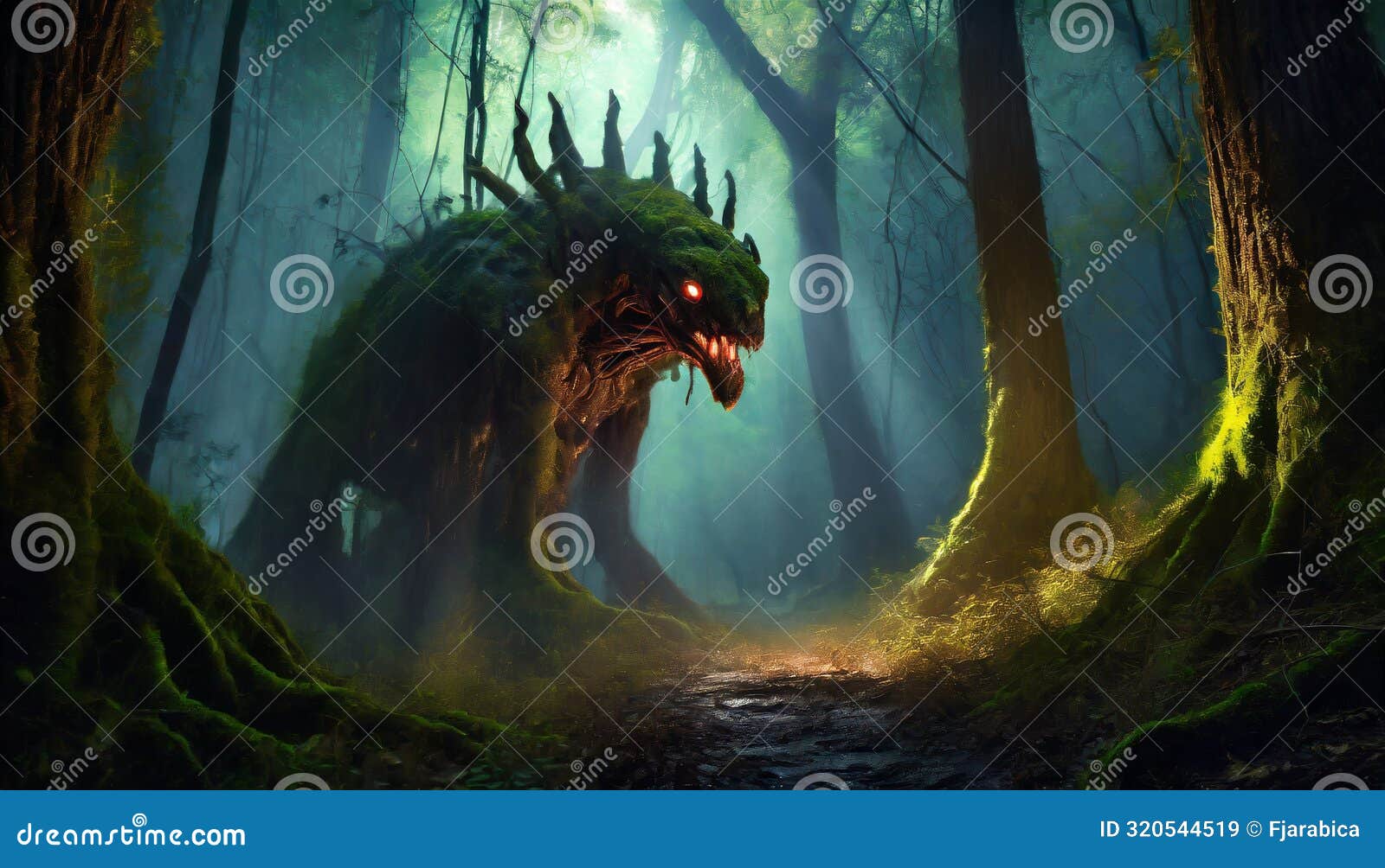 Monster in dark forest stock illustration. Illustration of clothing ...