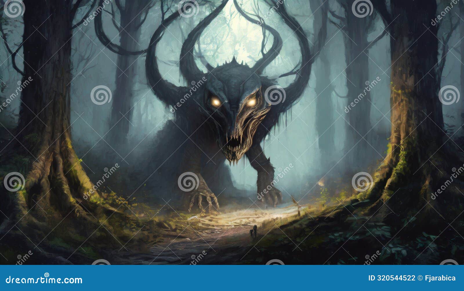 Monster in dark forest stock illustration. Illustration of painting ...