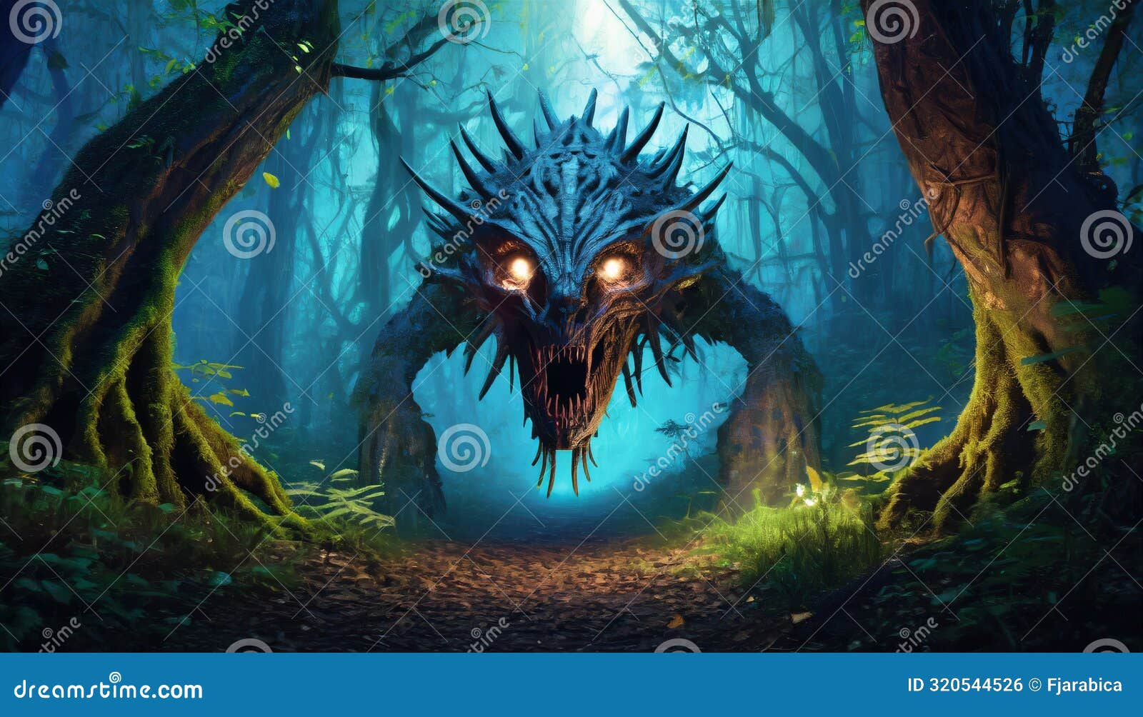 Monster in dark forest stock illustration. Illustration of cover ...