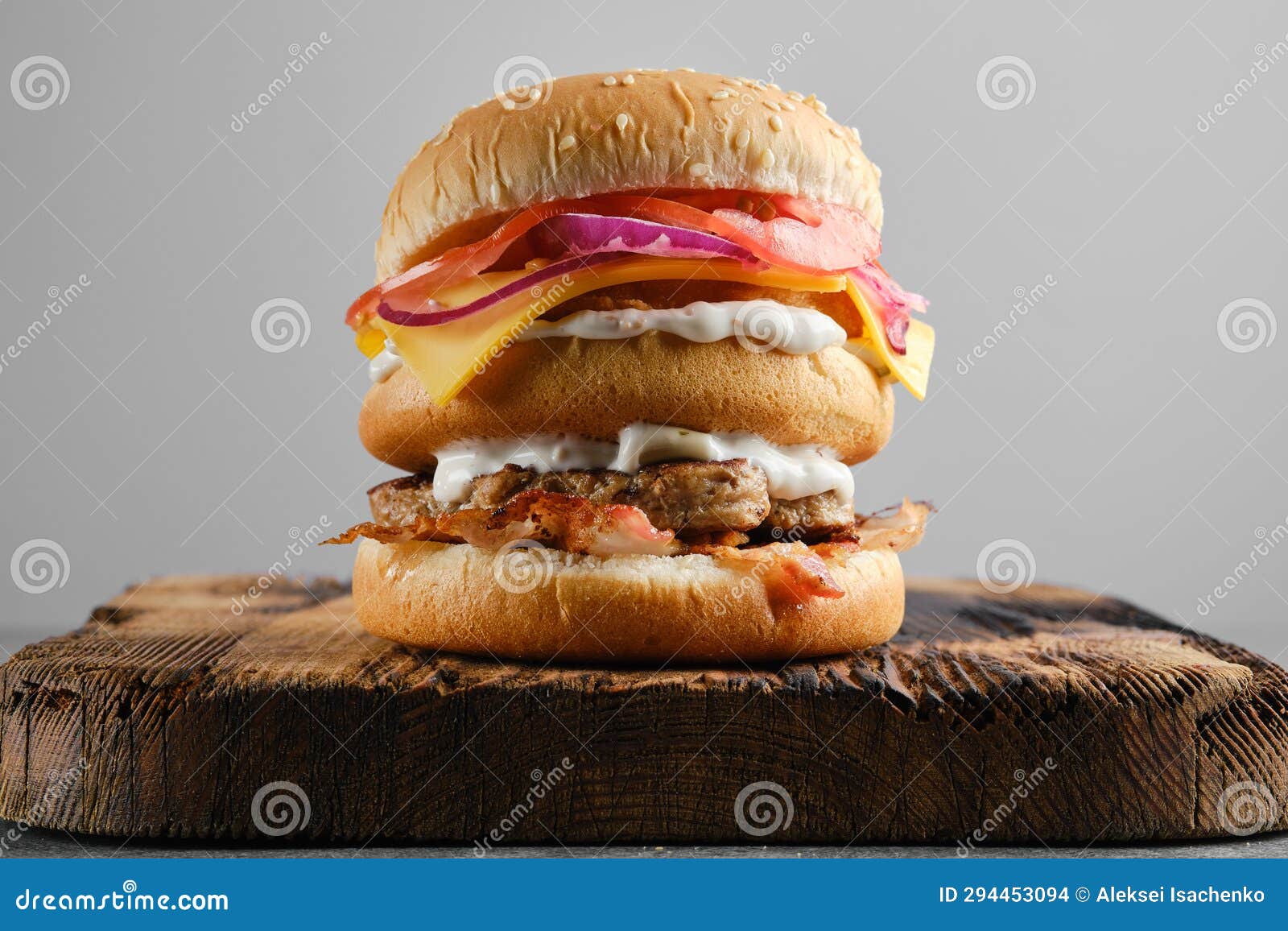 Monster Double Burger on Wooden Board, Front View Stock Photo - Image ...