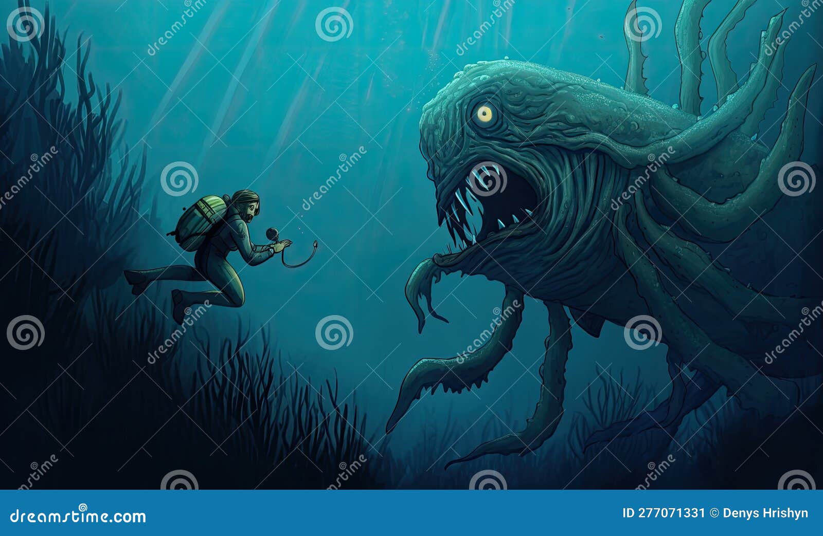 The Monster Lurking in the Depths Frightened Diver Creating Using ...