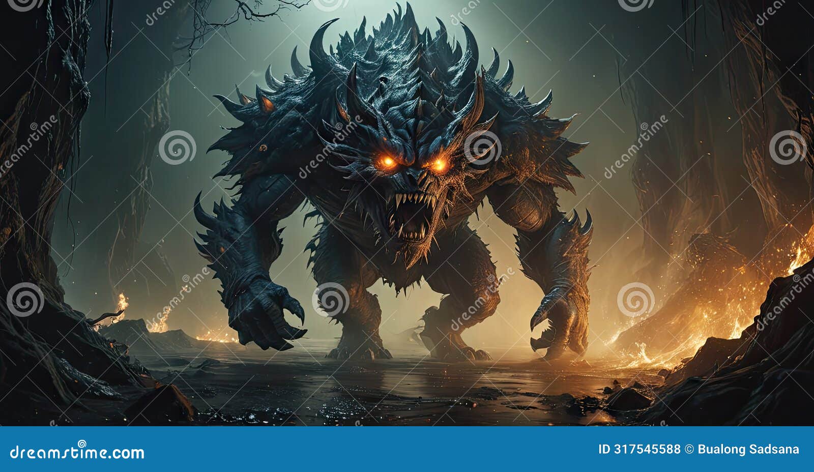 A Monster with Red Eyes is Shown in a Dark Forest. Stock Illustration ...