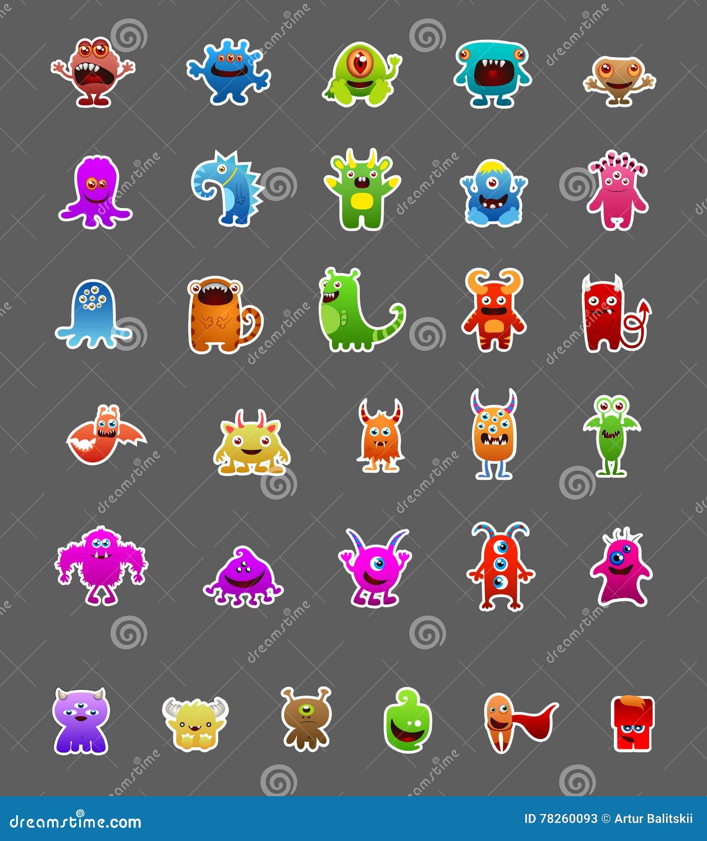 Monster Stickers in Different Poses Isolated on Grey May Be Use for ...