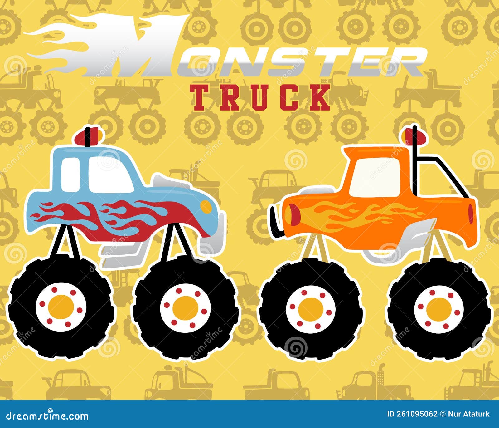 Monster Truck Cartoon on Seamless Pattern Vector of Monster Trucks ...