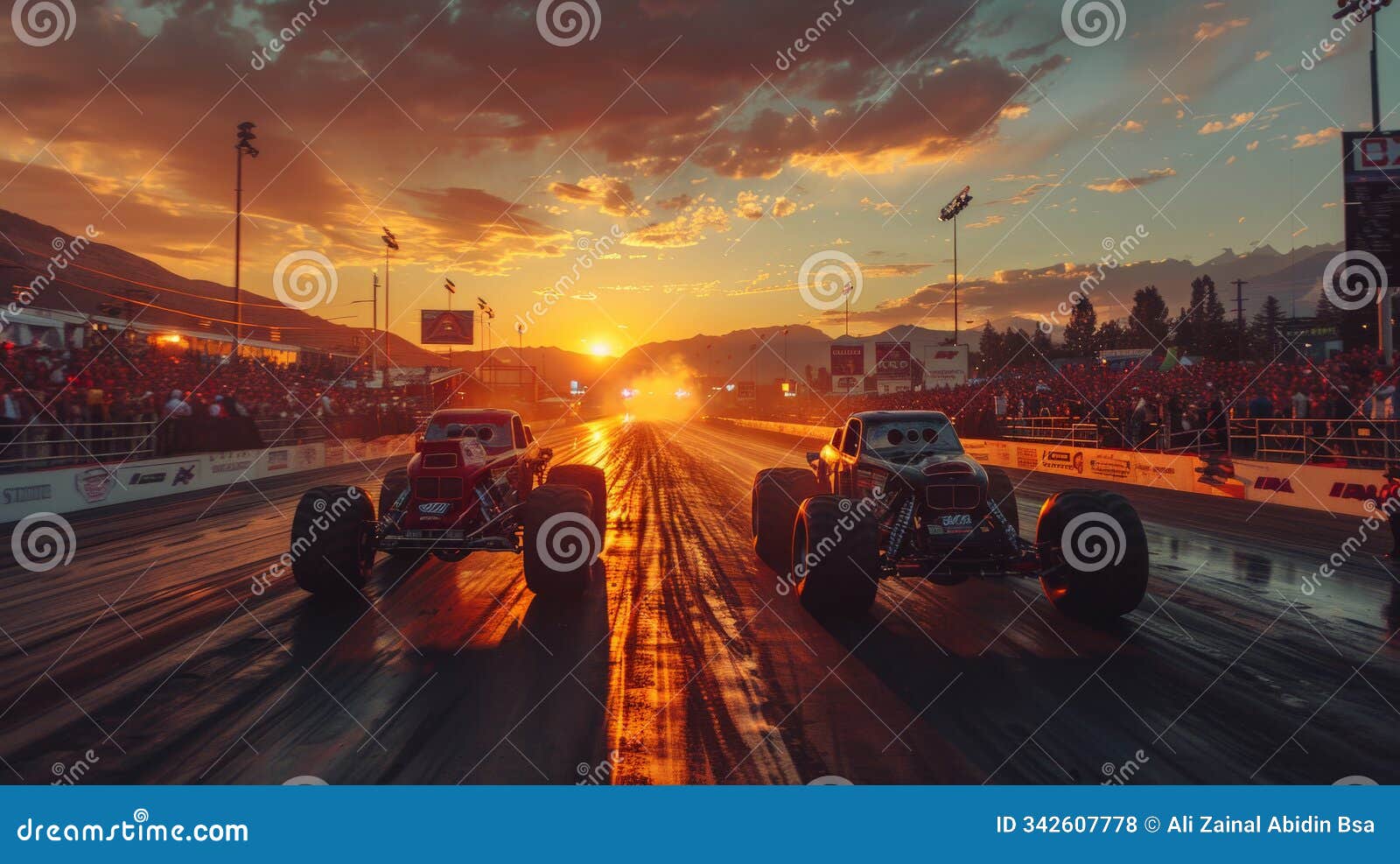 Monster Trucks Racing at Sunset Stock Illustration - Illustration of ...