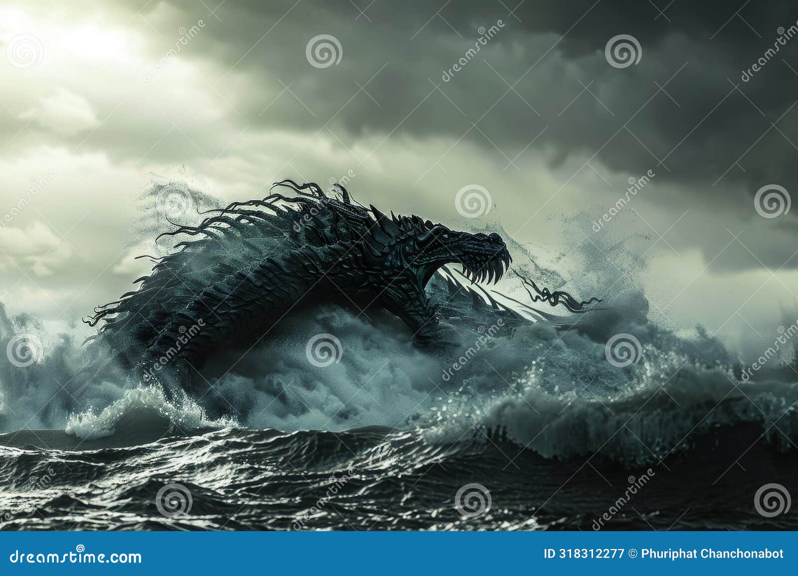 Monster is in the Water and a Boat is in the Background with Generative ...