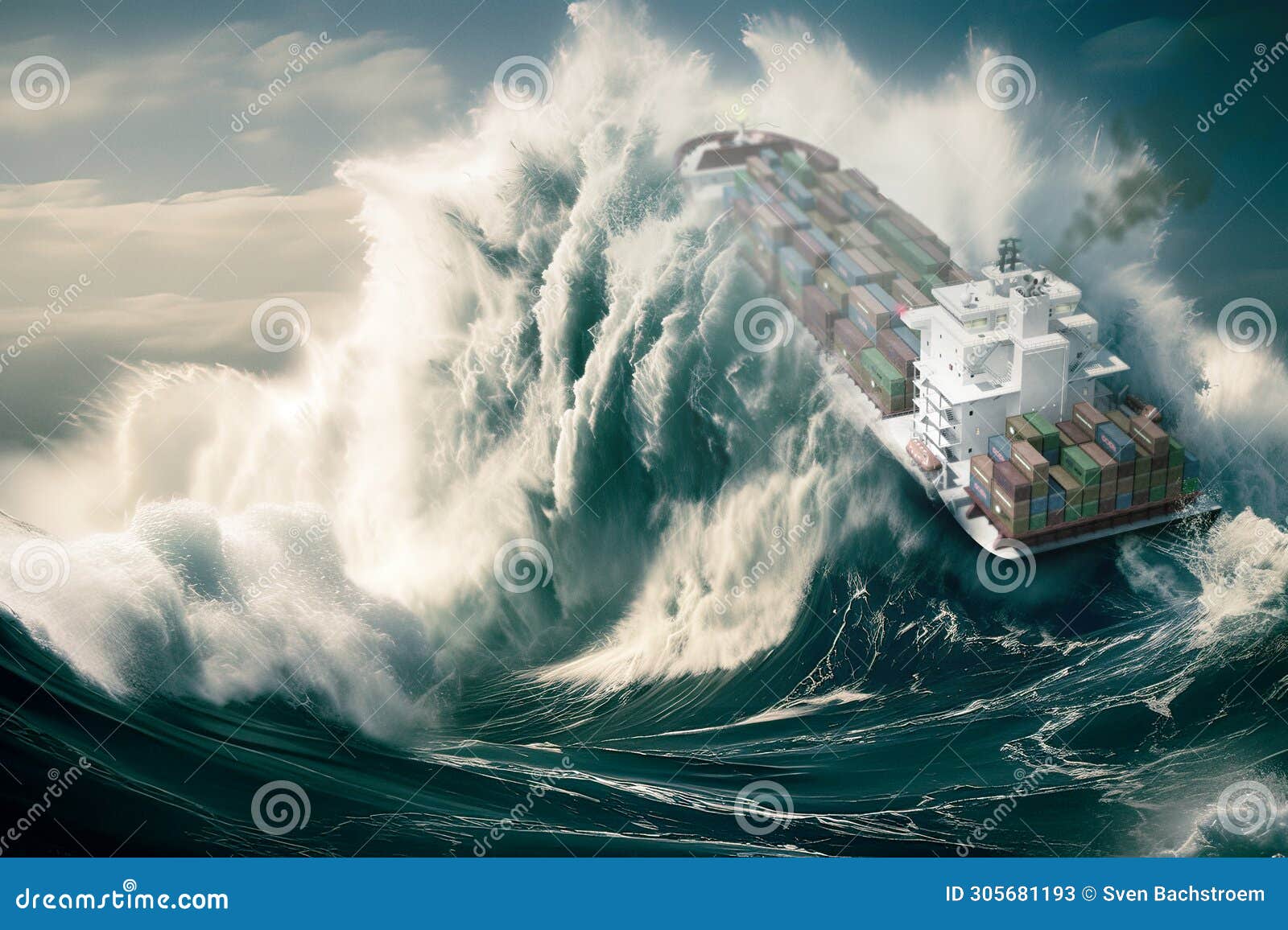 Monster Wave Hits Container Ship Stock Illustration - Illustration of ...