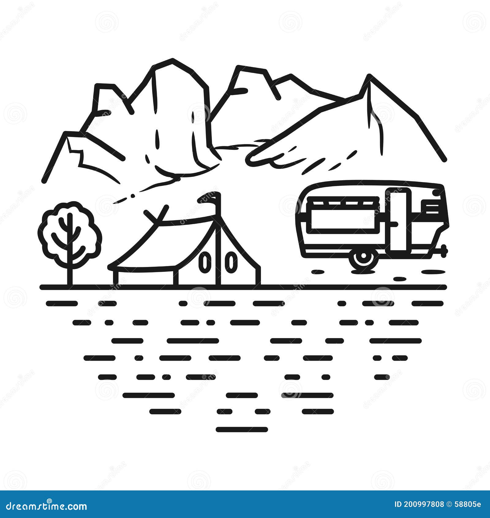 Summer Camp Trailer, Van, RV, Rocky Mountain Lineart Design Stock ...