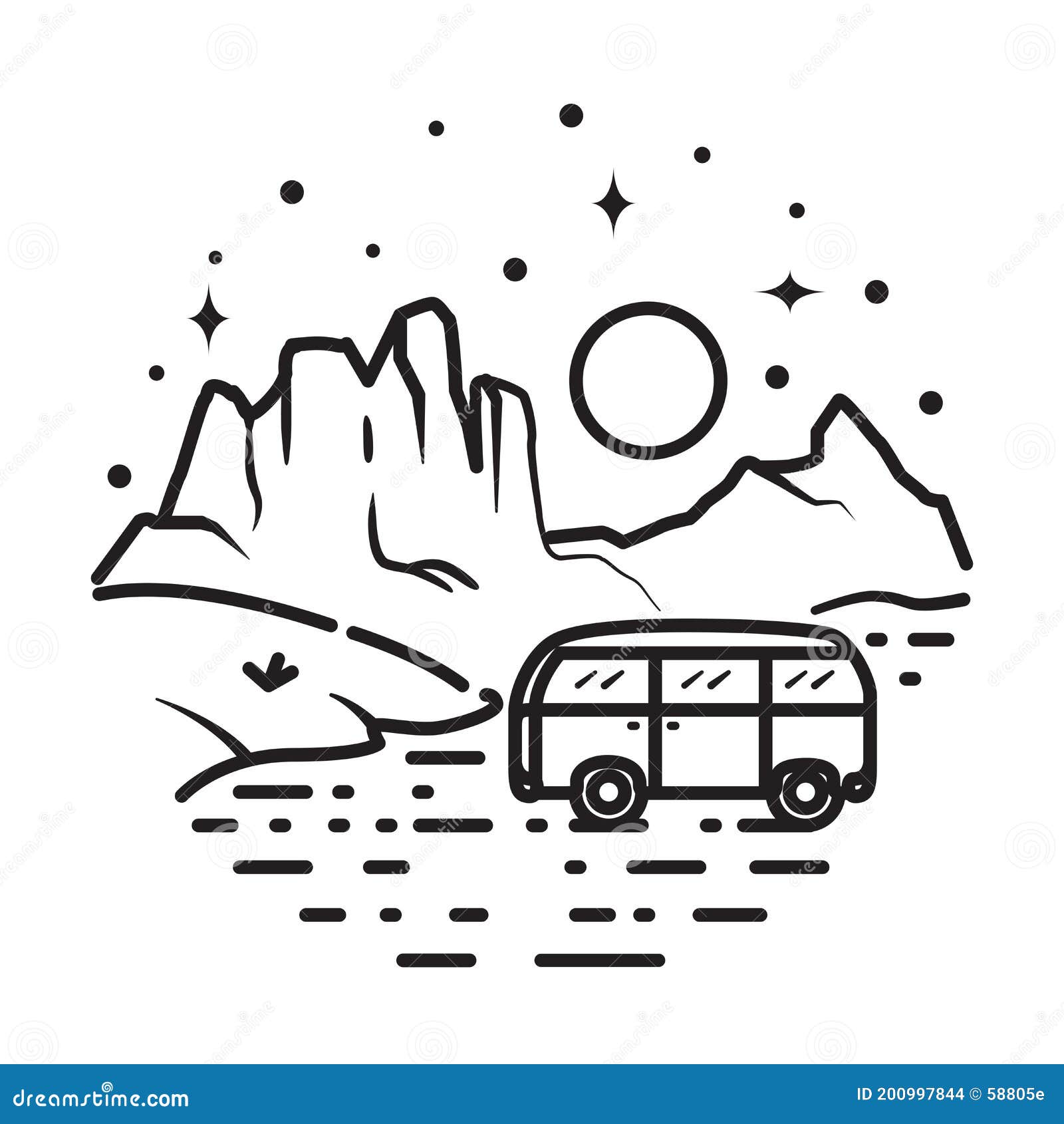 Summer Camp Trailer, Van, RV, Rocky Mountain Line Art Design Stock ...