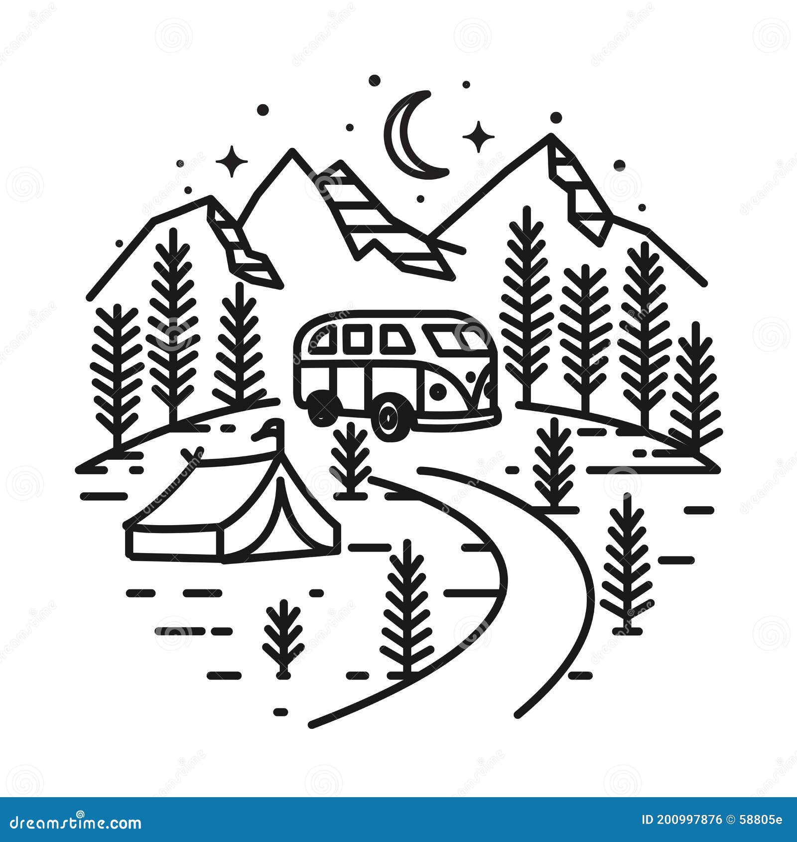Summer Camp Pine Tree, Trailer, Van, RV, Rocky Mountain Line Art Design ...