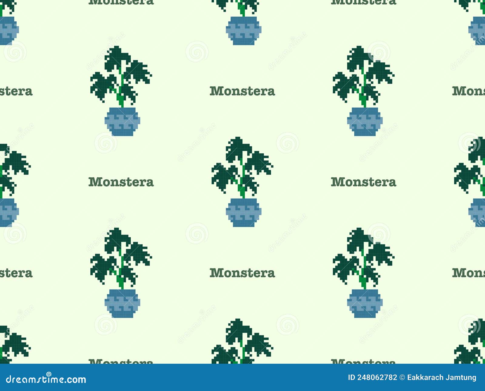 Monstera Seamless Pattern on Green Background. Pixel Style Stock ...