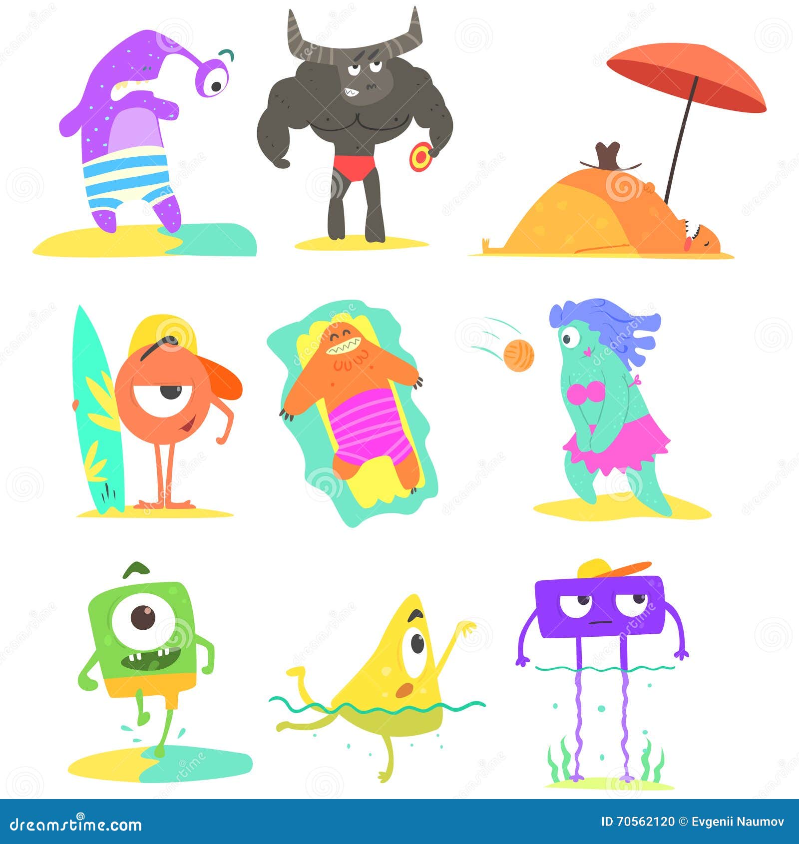 Monsters on the Beach Illustrations Set Stock Vector - Illustration of ...