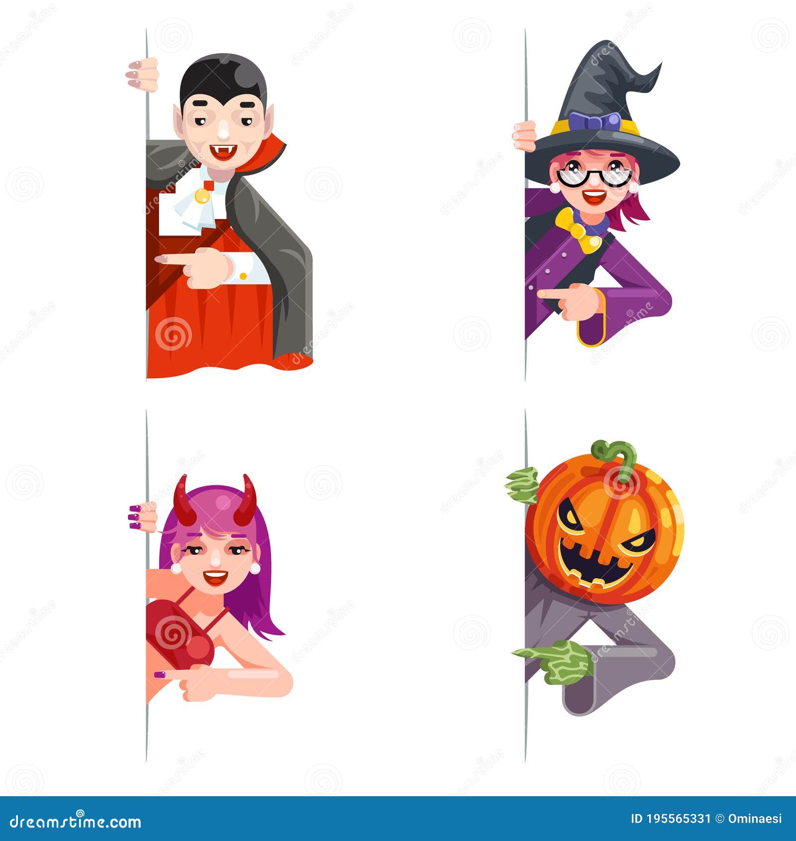 Monsters Cartoon Looking Out Corner Character Halloween Set Flat Design ...