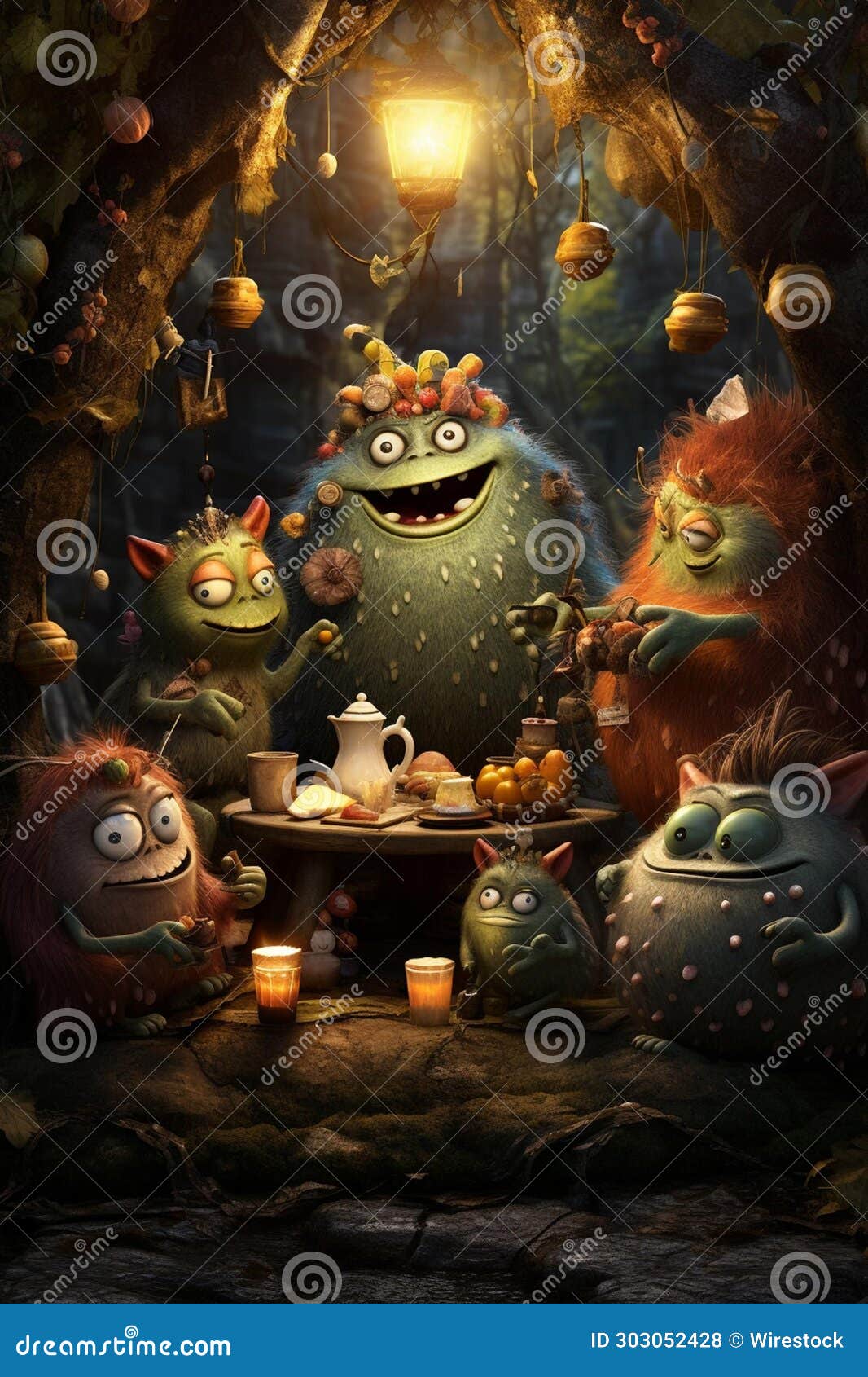Monsters with a Lantern in a Dark Forest with Food on the Table Stock ...