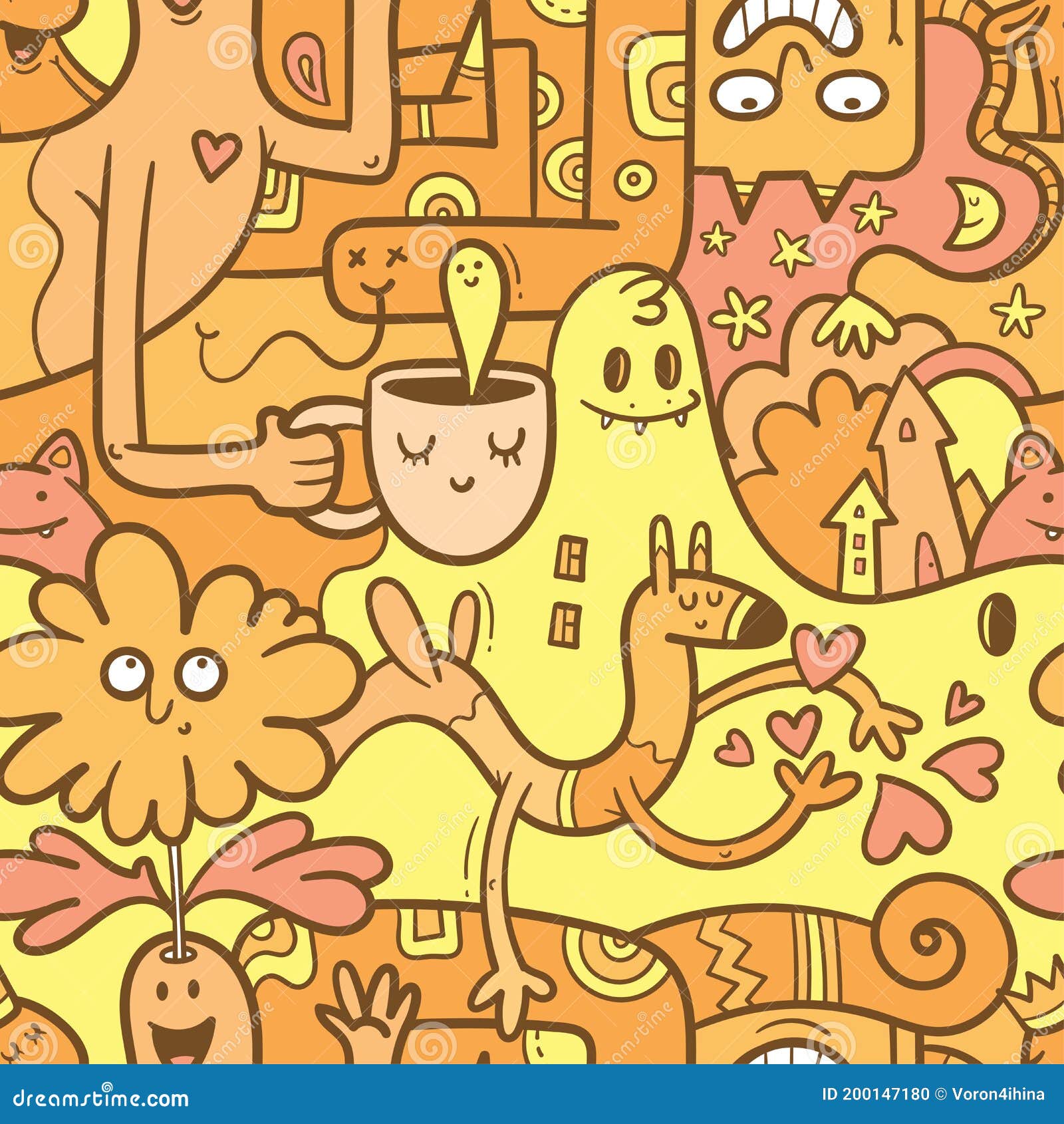 Seamless Surreal Pattern with Cute Cartoon Monsters on White Background ...