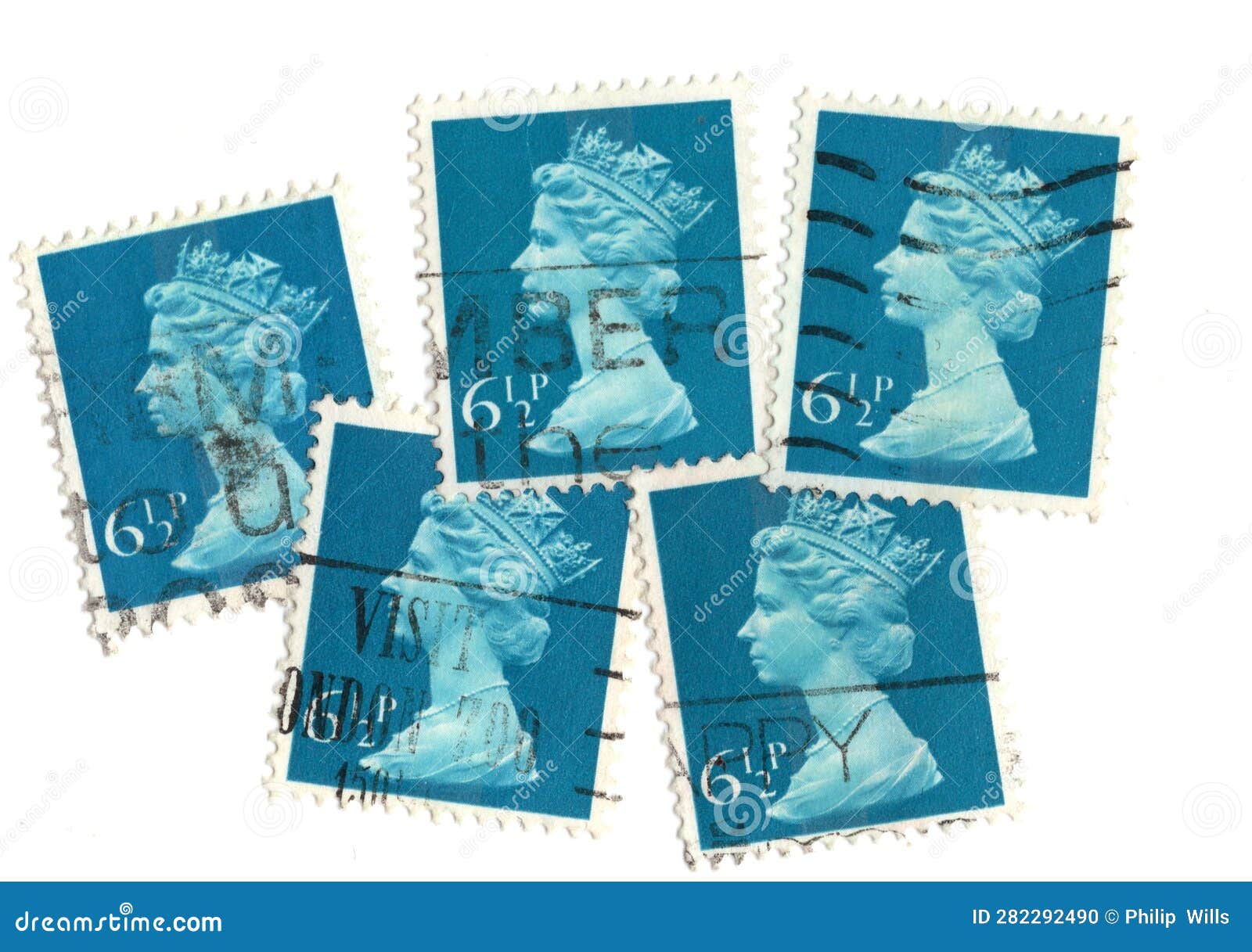 A Montage of Blue Vintage Decimal Postage Stamps from Great Britain ...