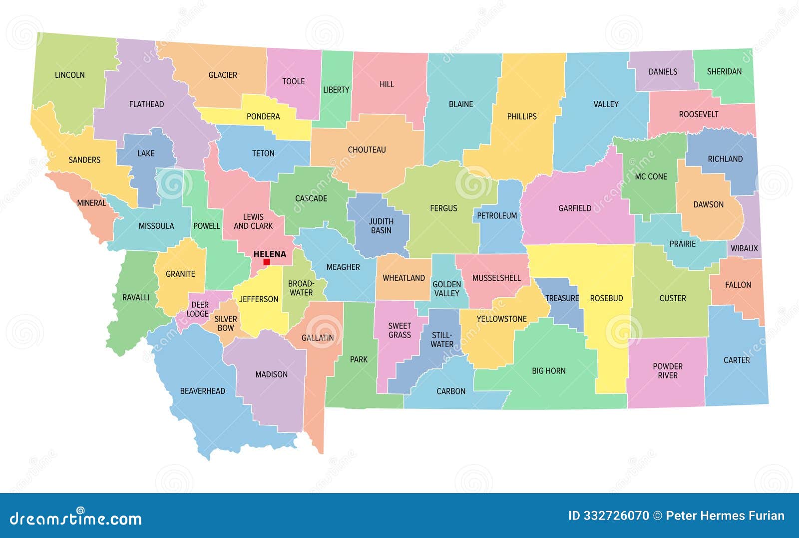 Montana, U.S. State, Subdivided into 56 Counties, Multi Colored Map ...