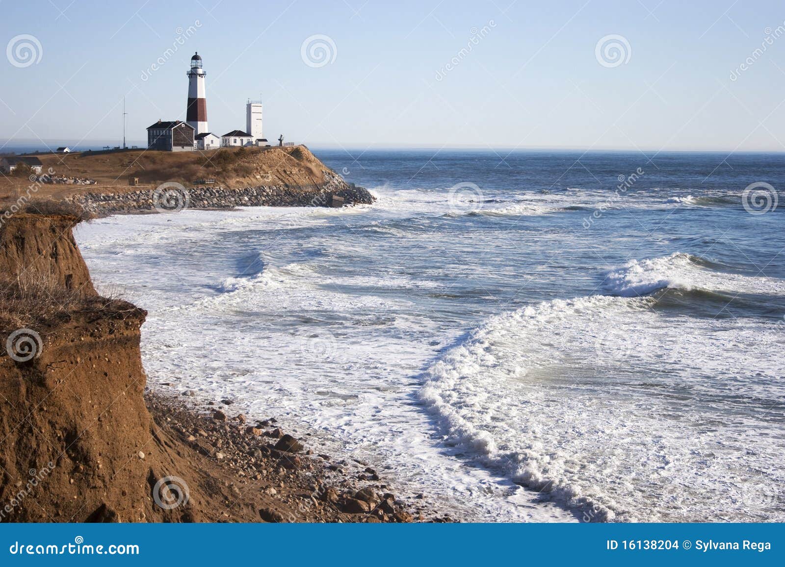 Montauk Point Lighthouse and the Atlantic Ocean Stock Photo - Image of ...