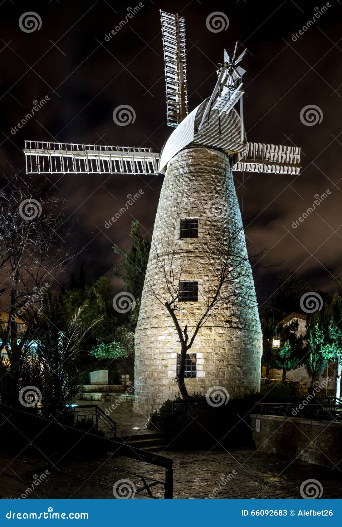 Montefiore Windmill at Night, Jerusalem Stock Image - Image of ...