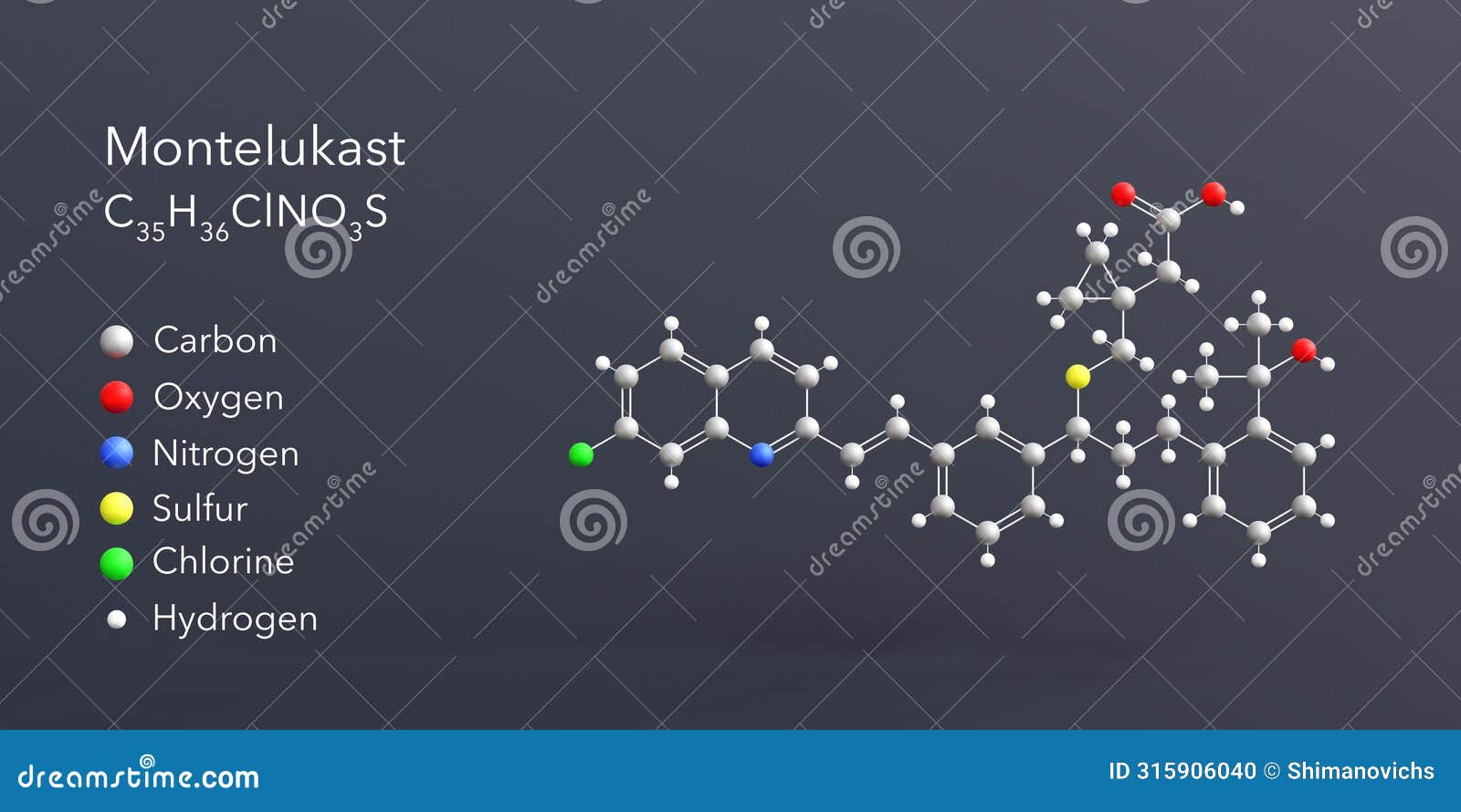 Montelukast Molecule 3d Rendering, Flat Molecular Structure with ...