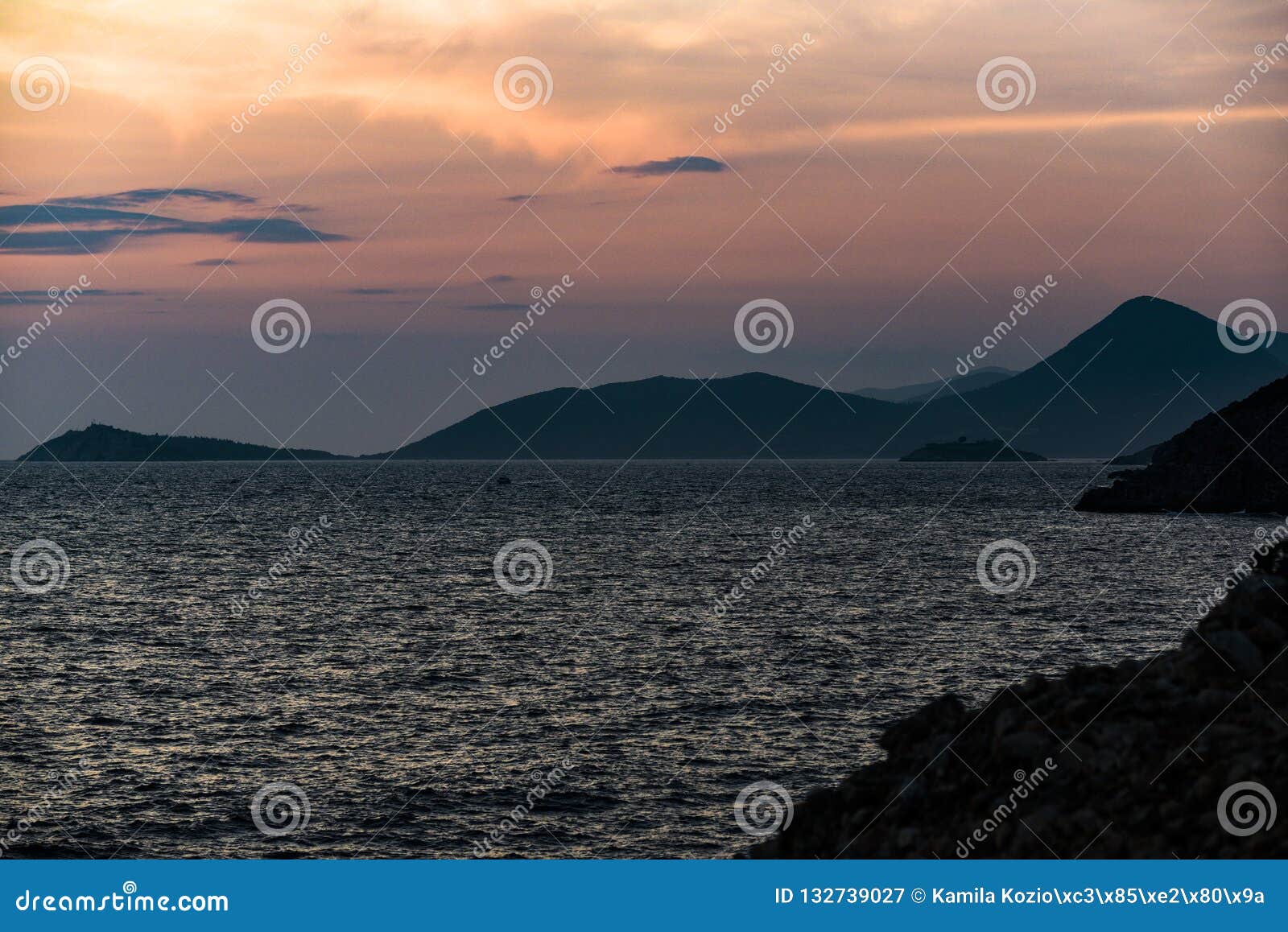 Montenegrin Coast at Sunset with Mountains Background Stock Image ...