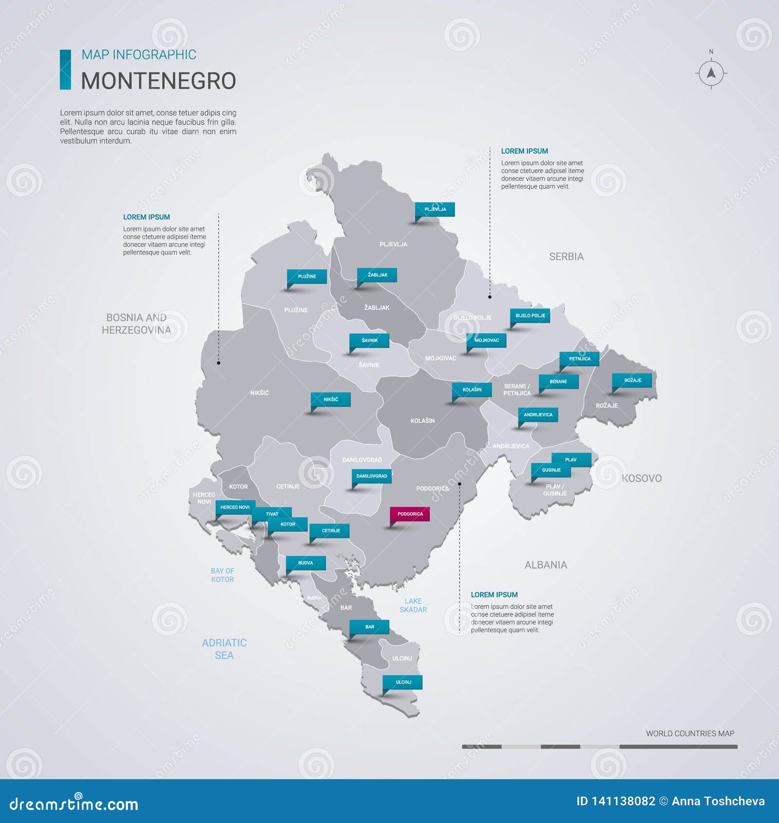 Montenegro Vector Map with Infographic Elements, Pointer Marks Stock ...