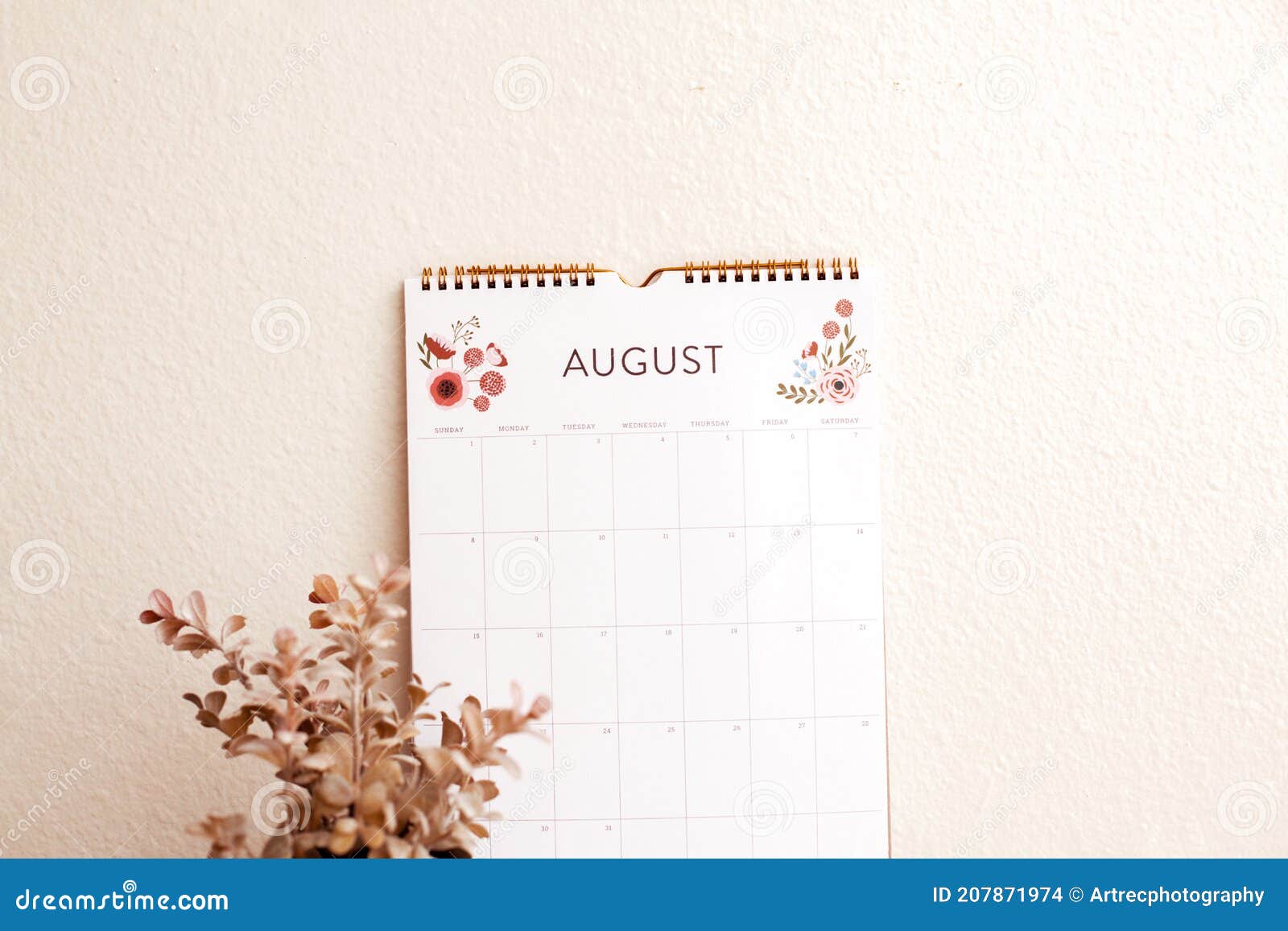 Month of August Calenday Page with Empty Dates on the Table with House ...