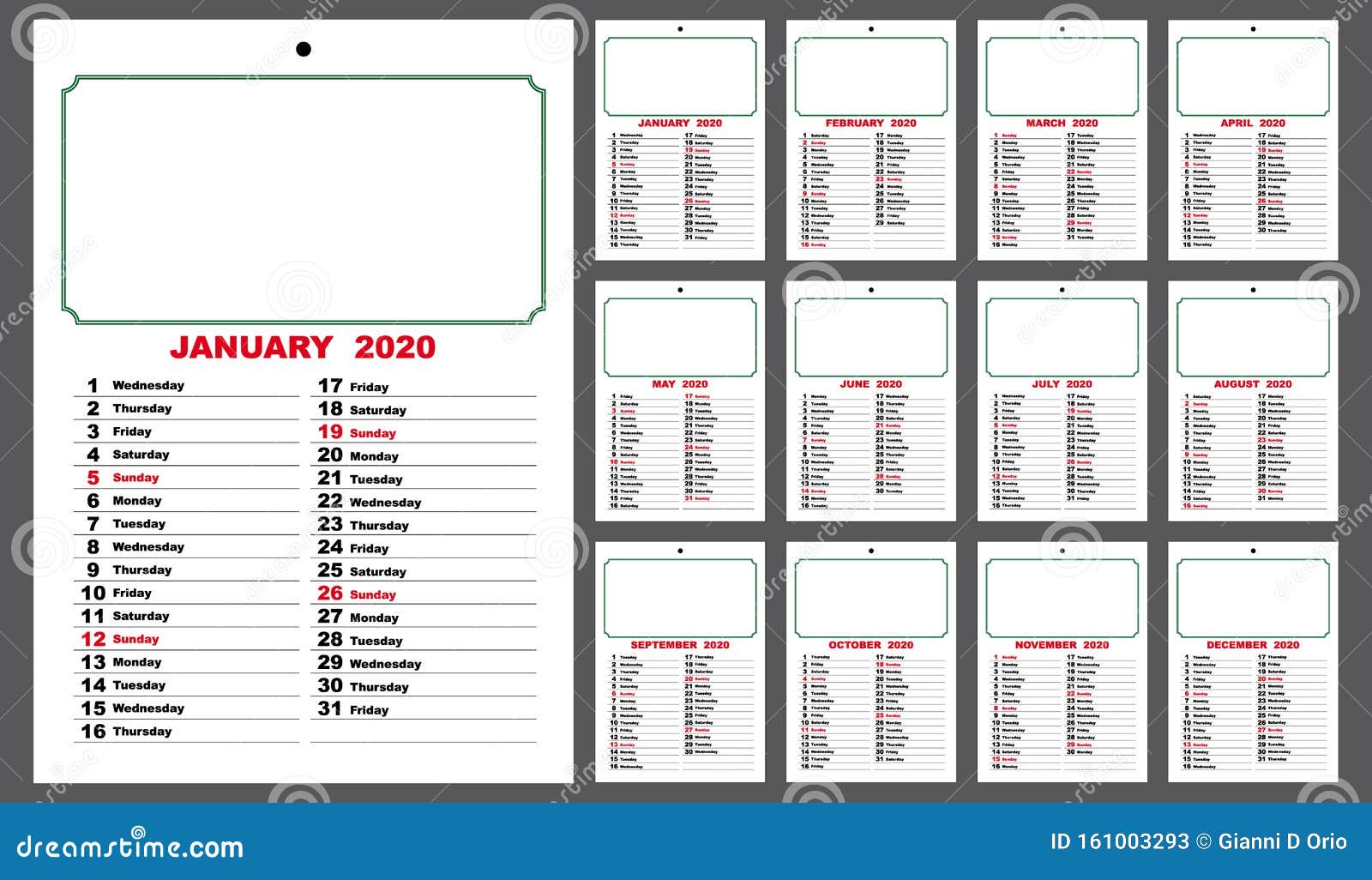 12 Month Calendar Year 2020 with 2 Columns Customizable with Text ...