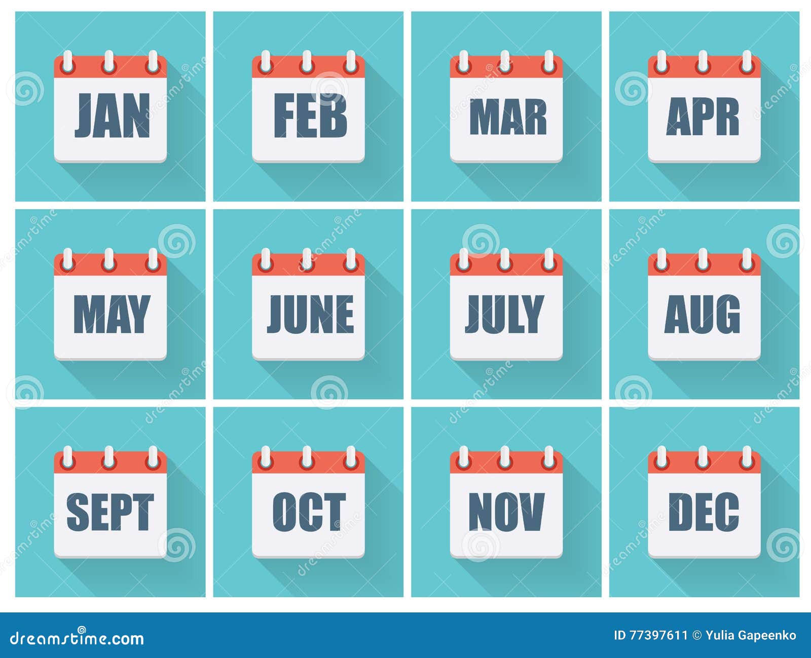 Month Dates Flat Icon Set with Long Shadow. Vector Illustration Stock ...