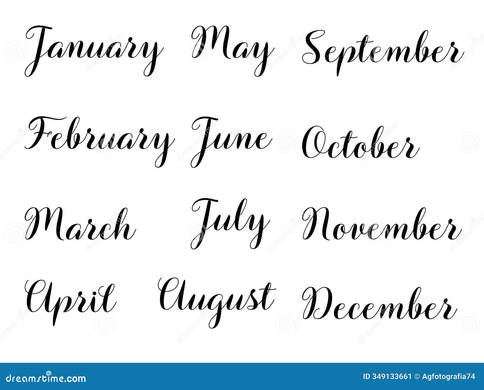 Month Names Cursive Typography Set. Handwritten Calligraphic Outline ...
