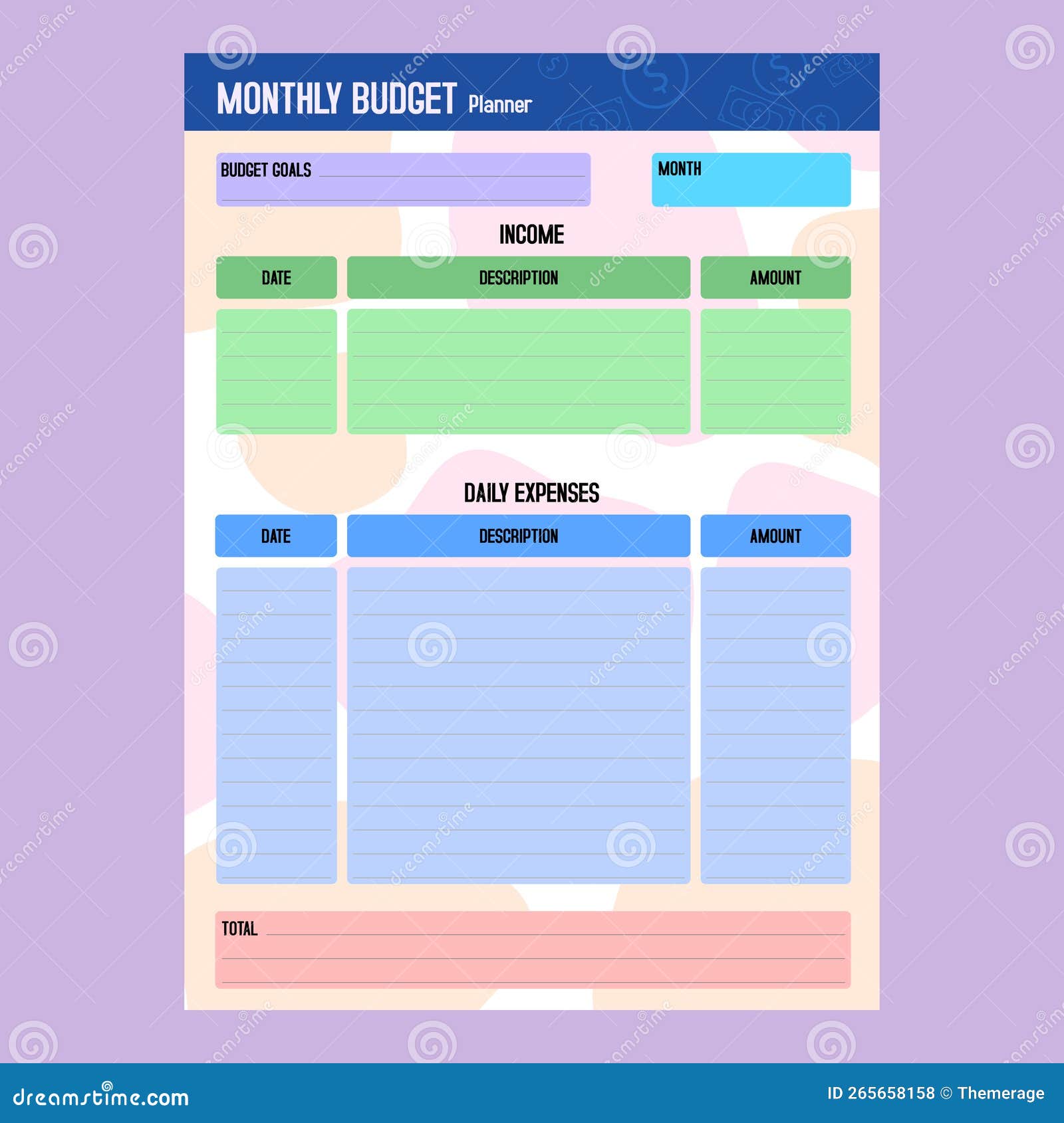 Monthly Budget Planner with Color Columns and Abstract Background Stock ...