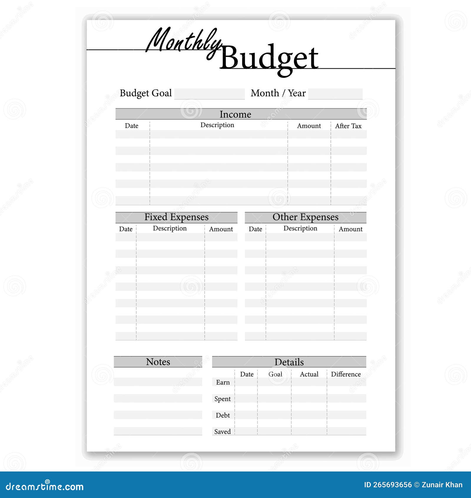 Classic Professional Monthly Budget Plan Template Stock Vector ...