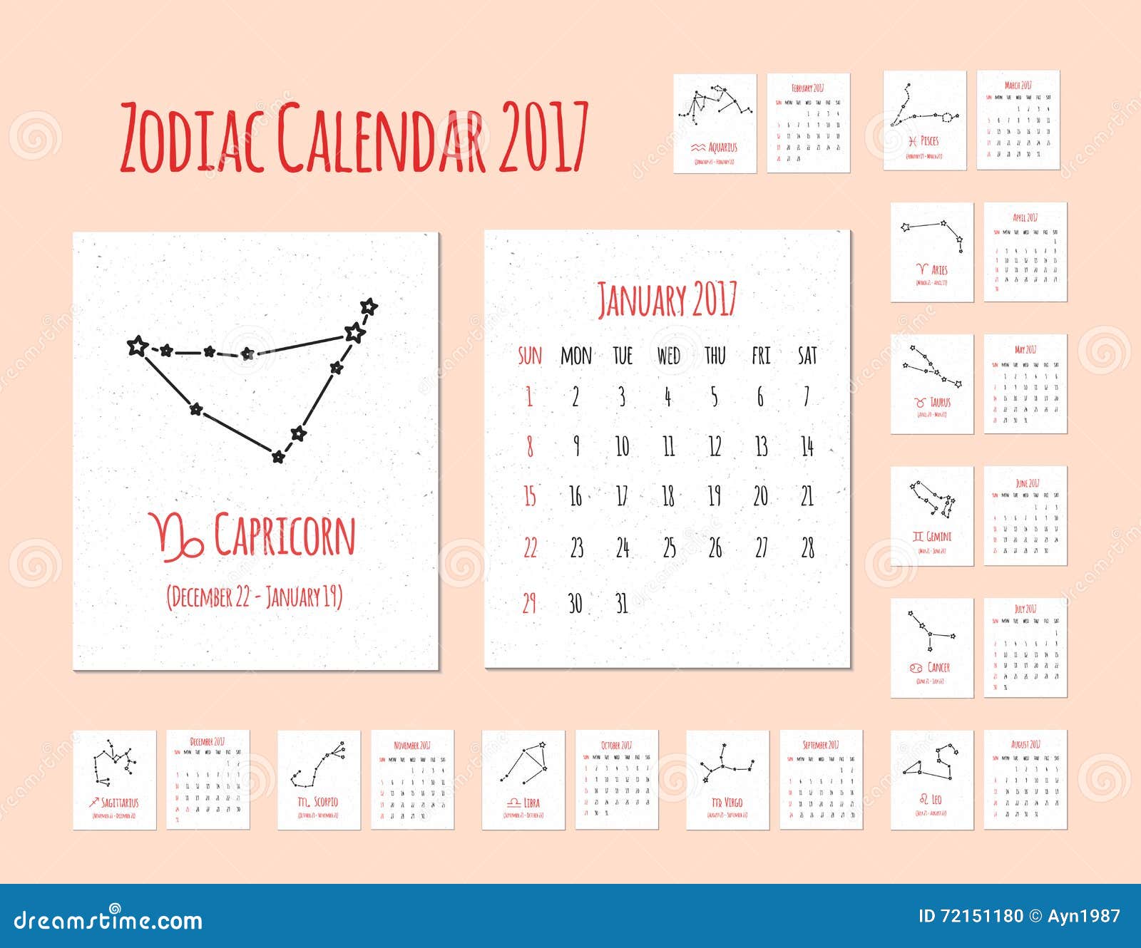 Monthly Calendar with the Image of the Zodiac Signs and Constellations ...