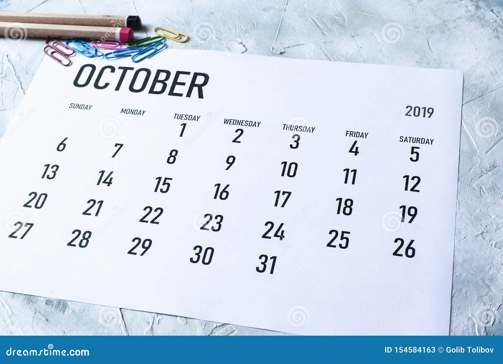 Monthly October 2019 Calendar Stock Image - Image of space, number ...
