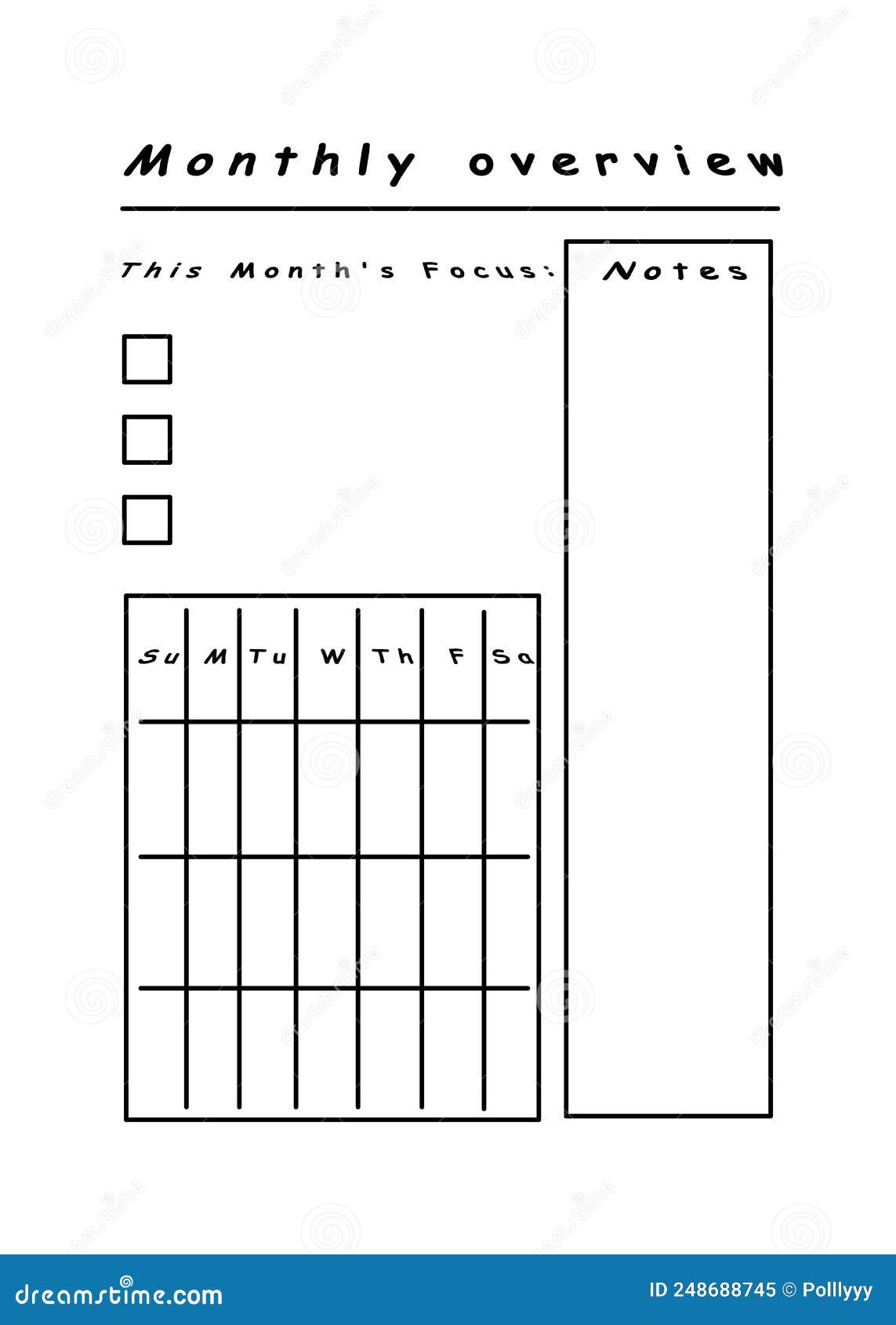 Monthly Overview, Blank Template. Vector Digital Planner Illustration ...